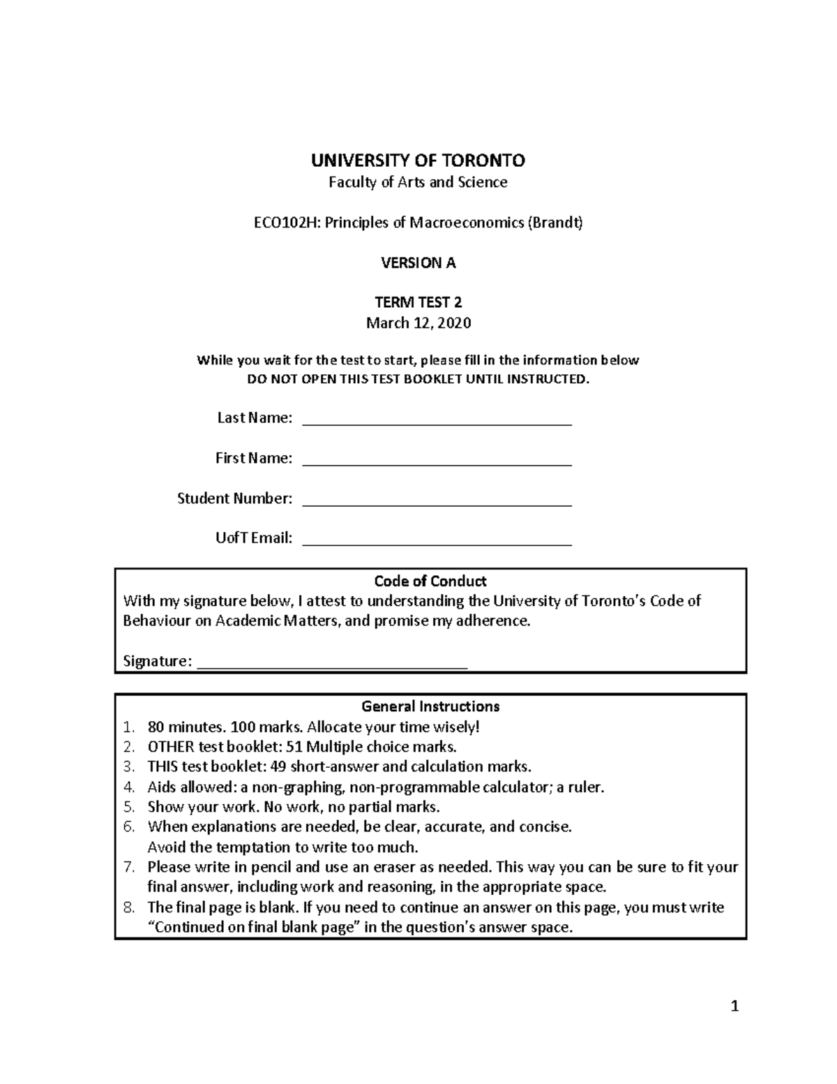Term test 2 shortanswer Final Version A 2020 - UNIVERSITY OF TORONTO ...