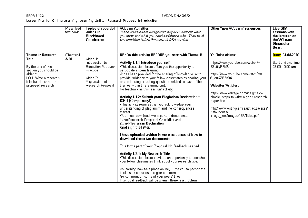 Lesson plan ERPR 7412 Learning unit 1 Theme 1 040820 - ERPR7412 - Studocu