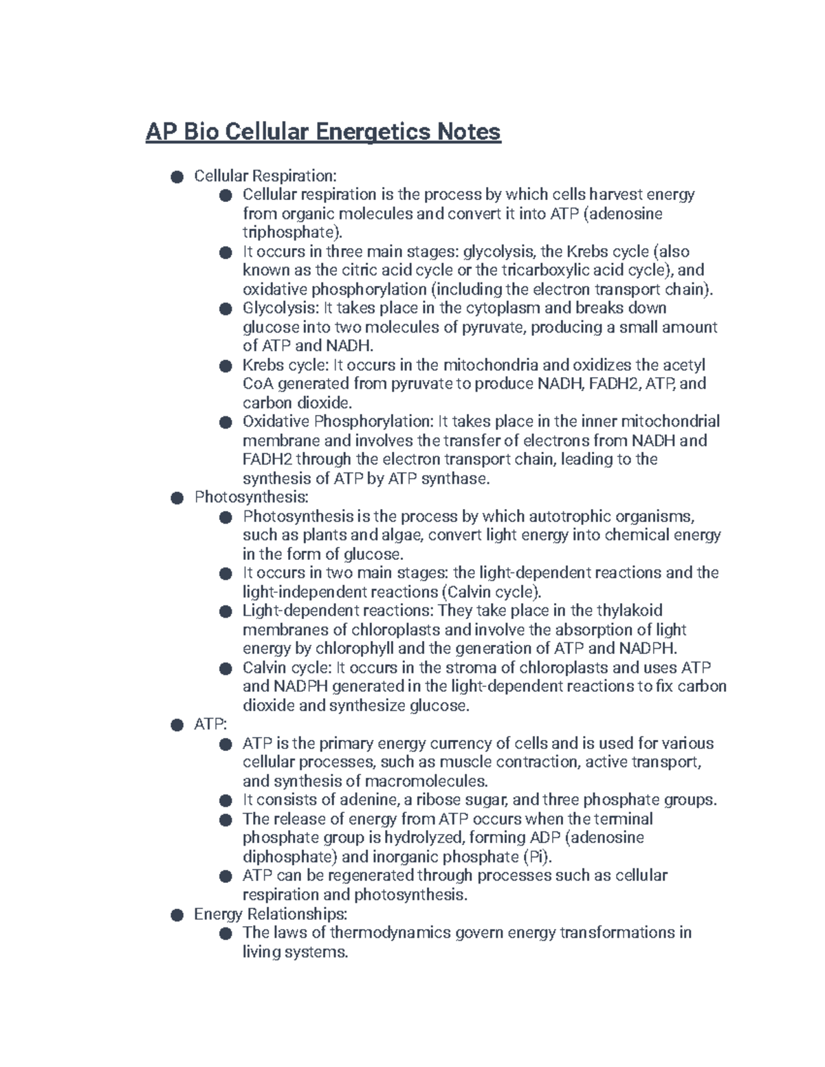 AP Bio Cellular Energetics Notes - It occurs in three main stages ...