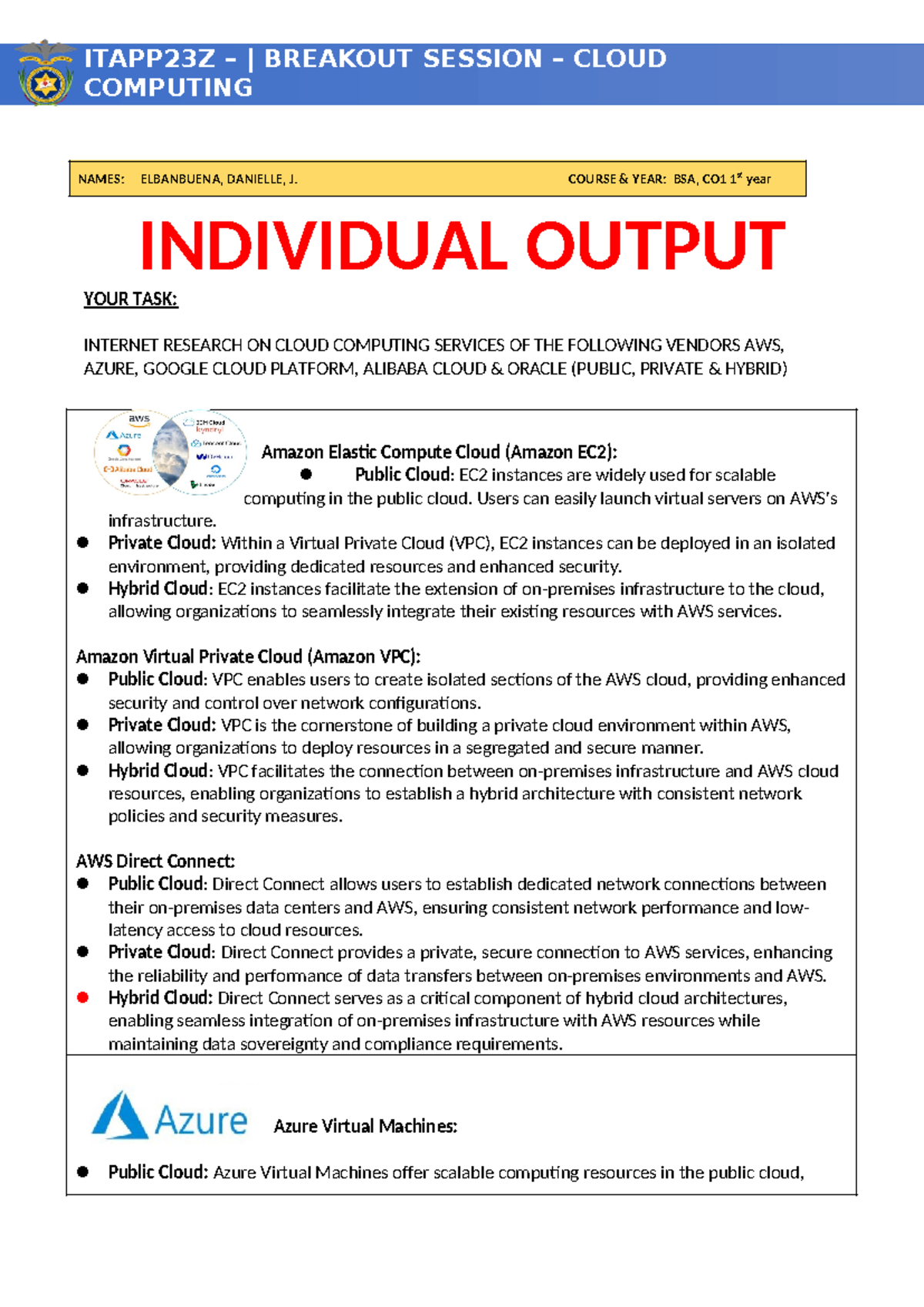 Itapp Midterm ACT NO. 2 - Elbanbuena Cloud Computing - ITAPP23Z – | BREAKOUT SESSION – CLOUD ...