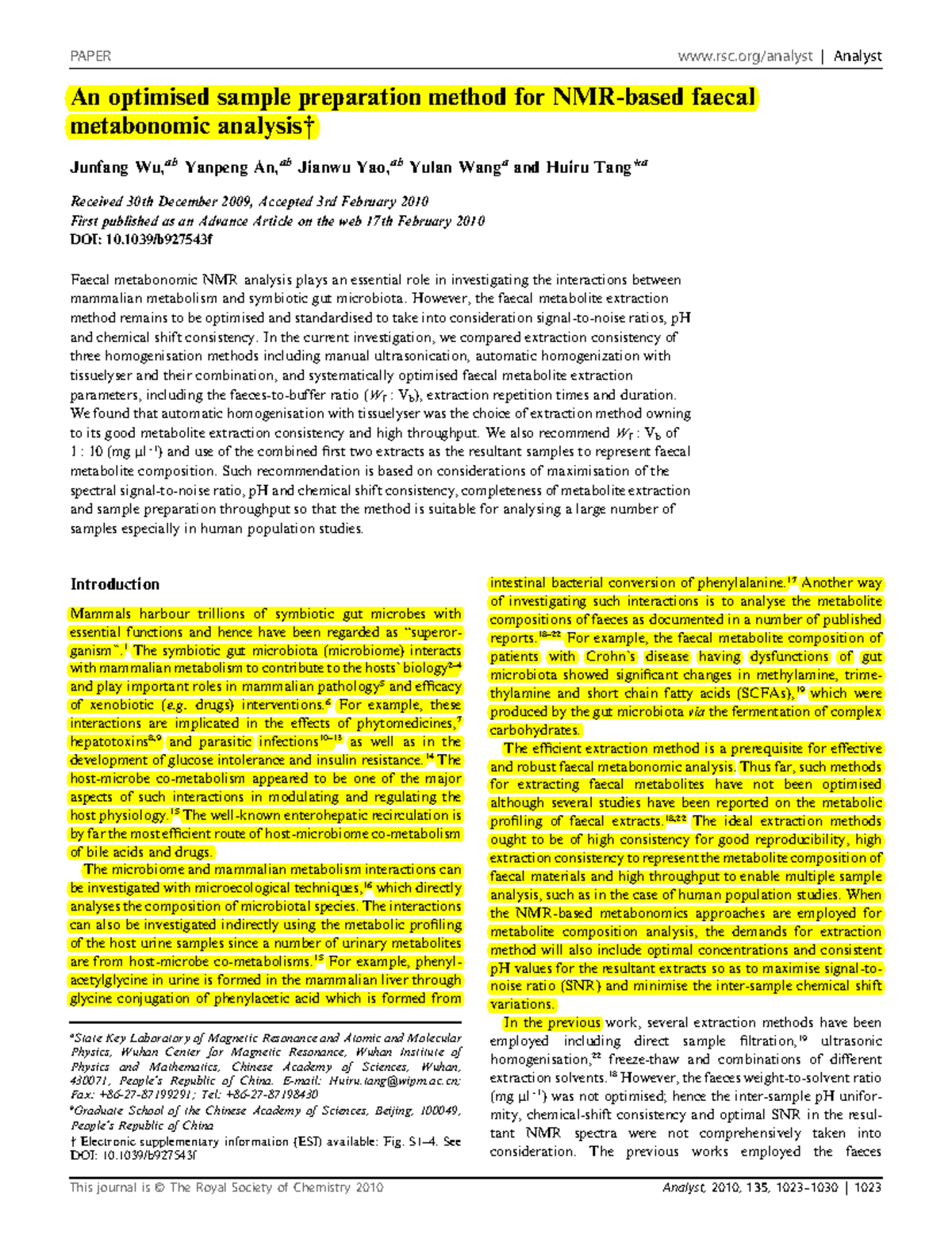 Metabonomics fecal material NMR preparation and analysis - An optimised sample preparation ...