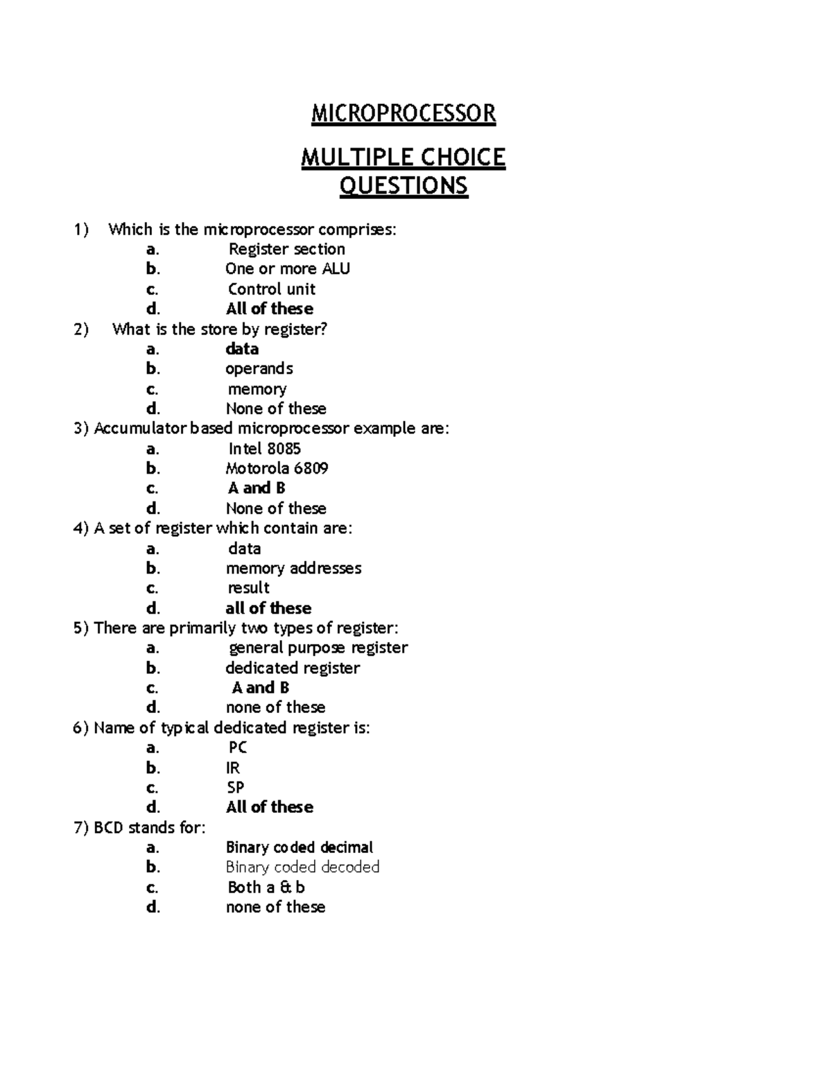 Unit 06 - MICROPROCESSOR MULTIPLE CHOICE QUESTIONS Which is the microprocessor comprises: a ...