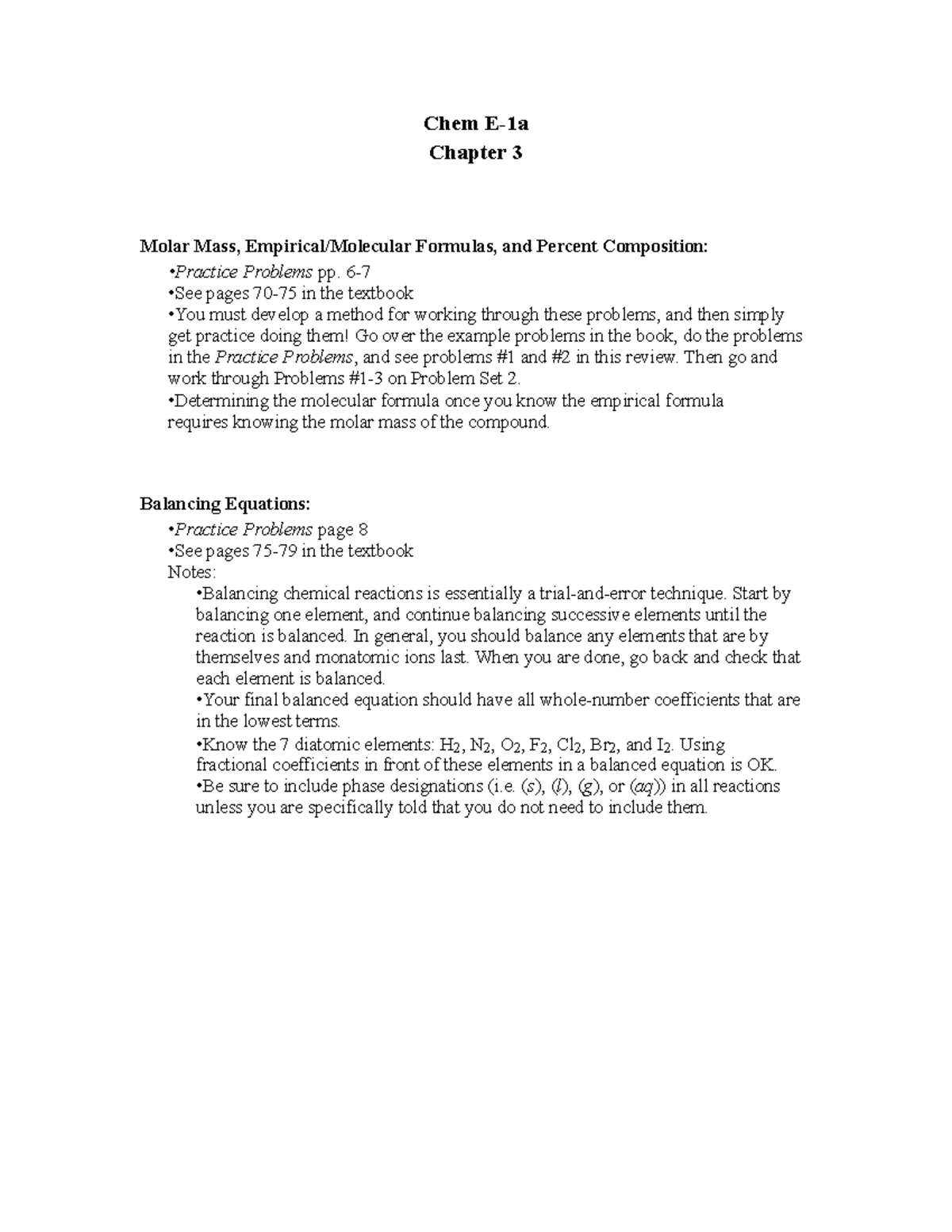 Chapter 3 Review Notes General Chemistry - Chem E-1a Chapter 3 Molar ...