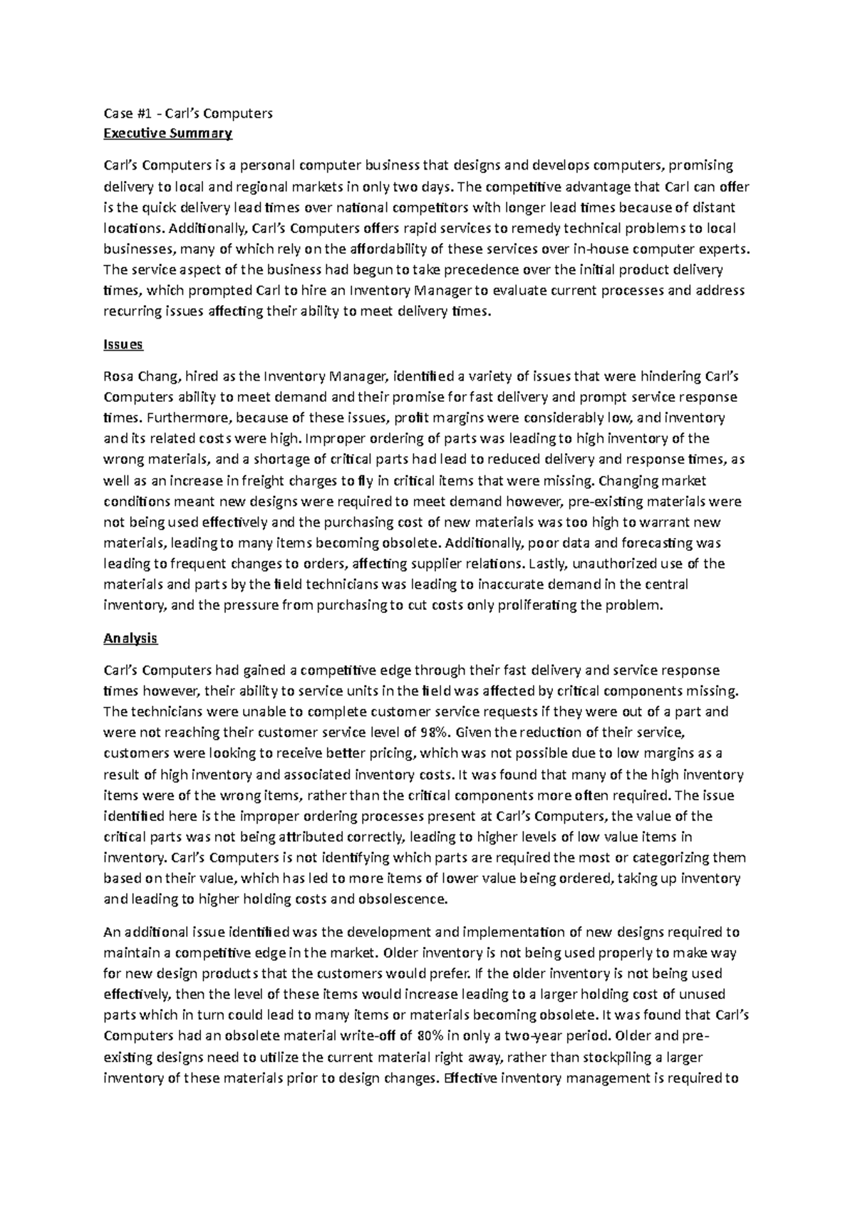 Reports Carls Computer - Case #1 - Carl’s Computers Executive Summary ...