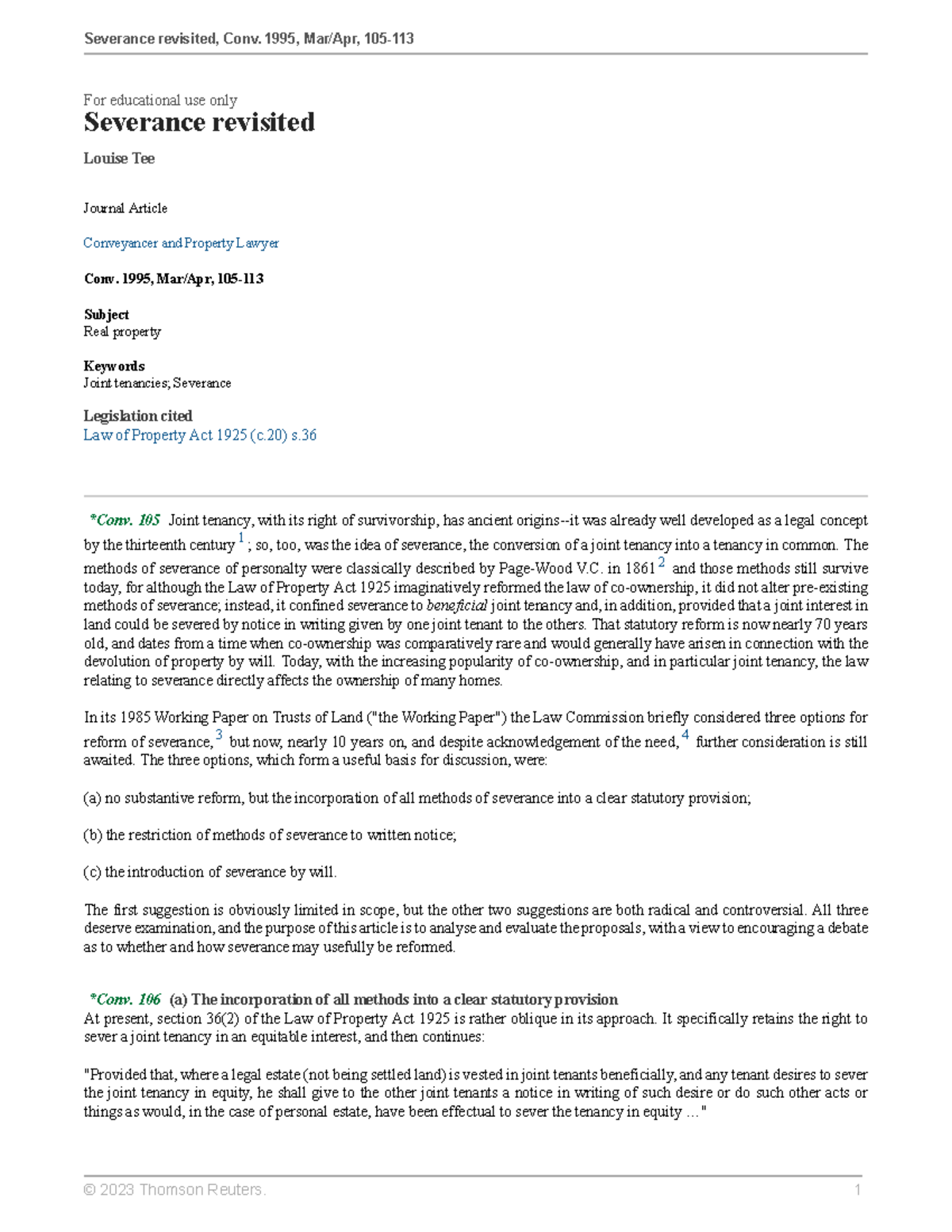 Severance revisited - notes - For educational use only Severance ...