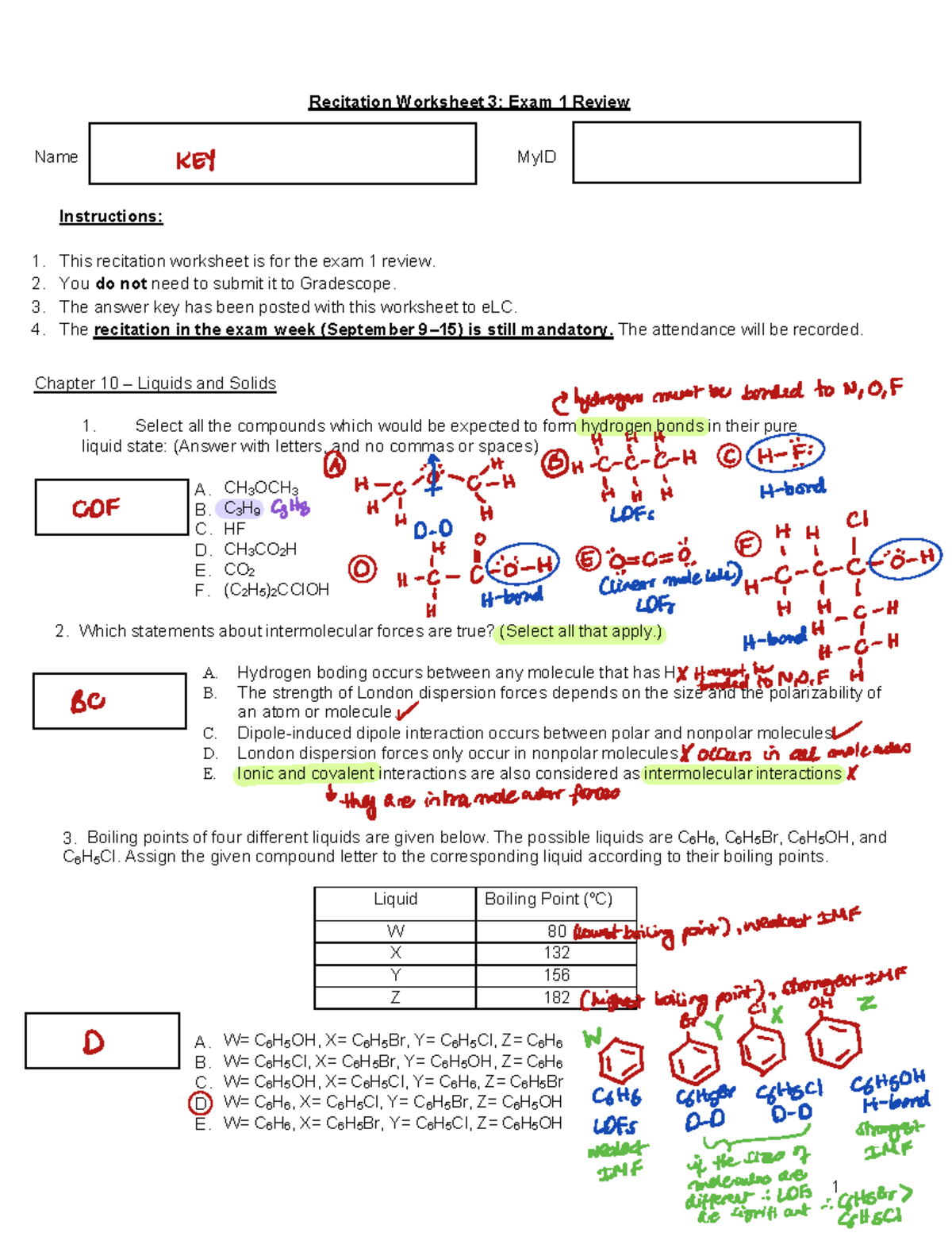 Recitation Worksheet 3 (Exam Review) Key Final 1 - Recitation Worksheet 3: Exam 1 Review Name ...