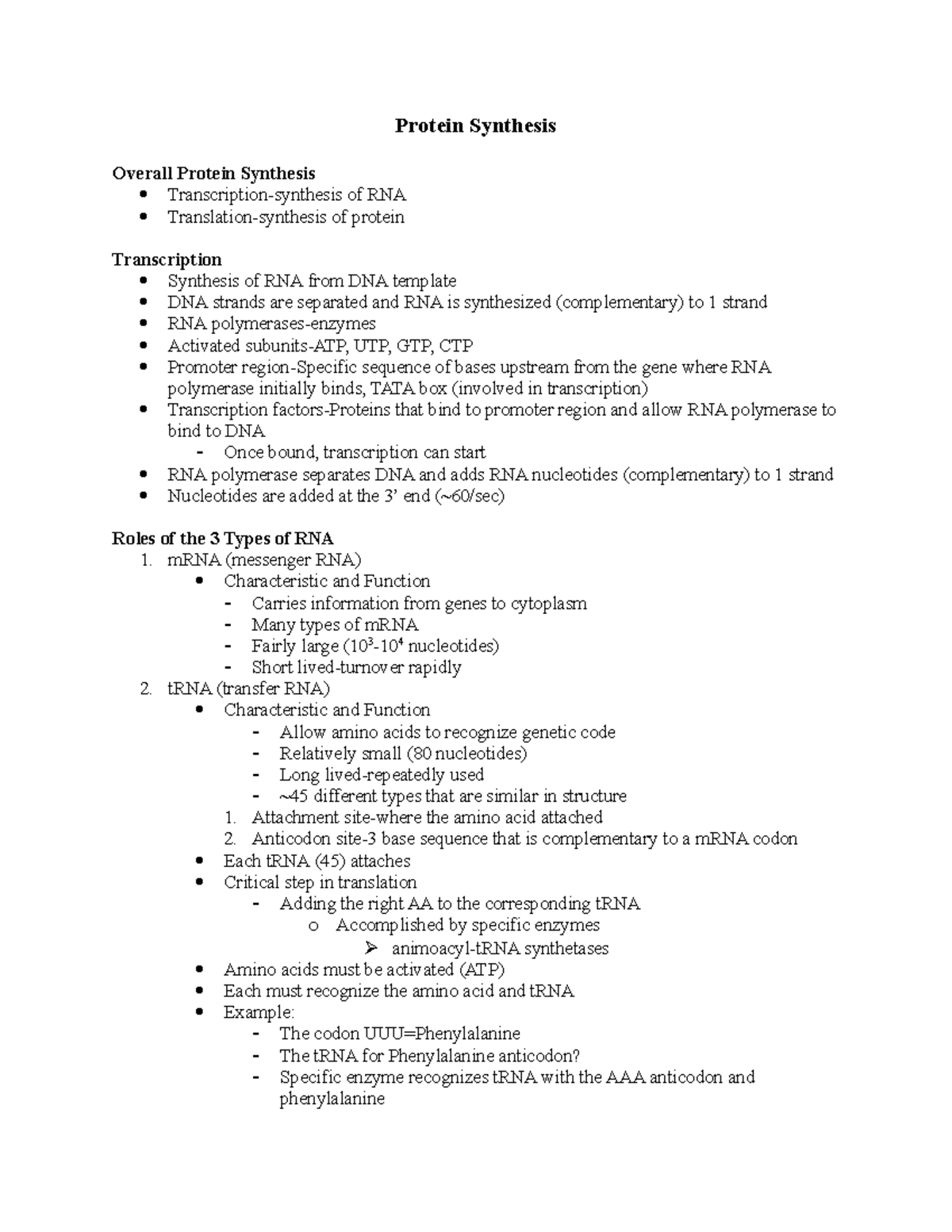 Biology Ch. 16-17 - Lecture notes from BSC 110H - Protein Synthesis ...
