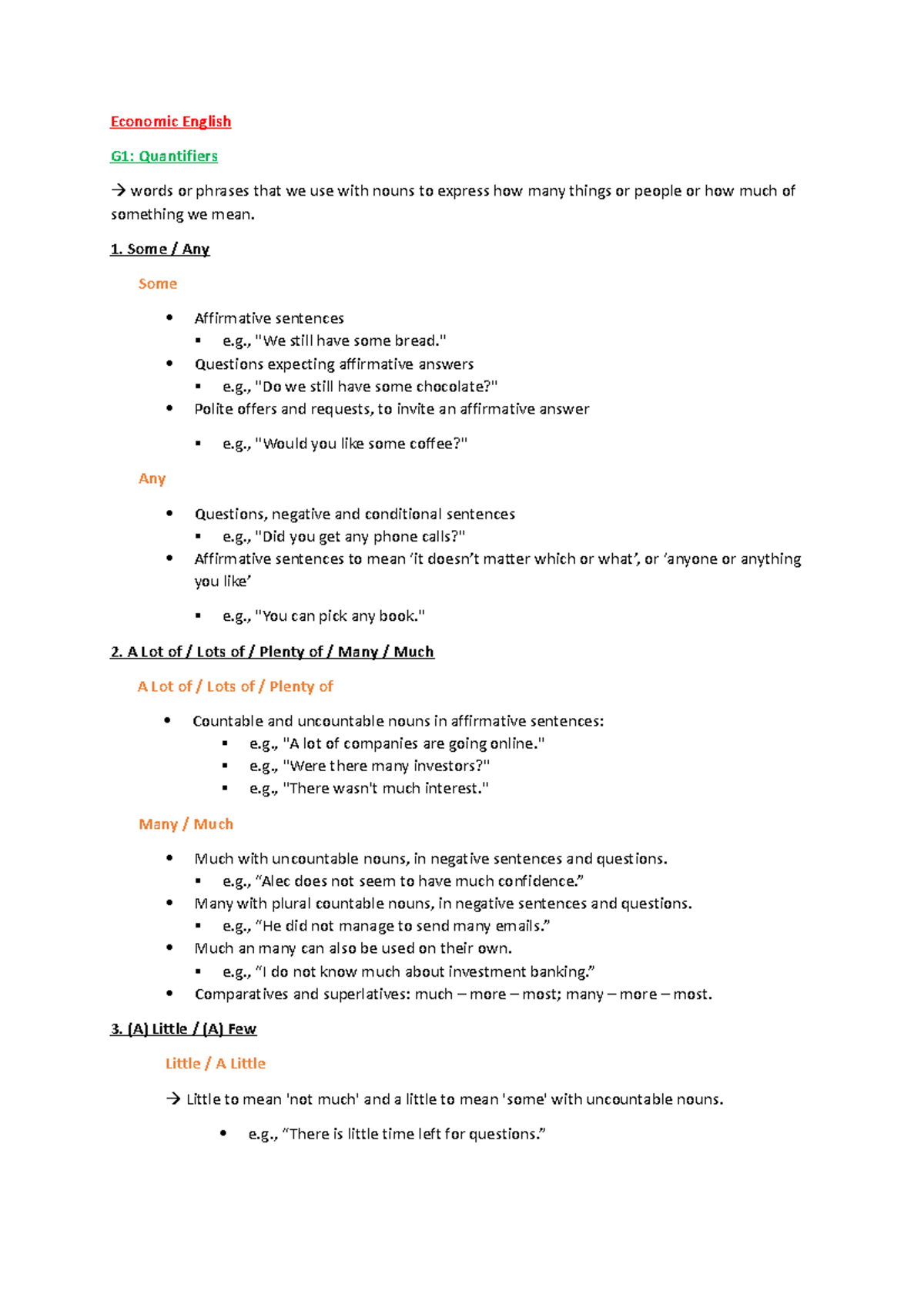 G1 - Quantifiers - Economic English G1: Quantifiers words or phrases ...