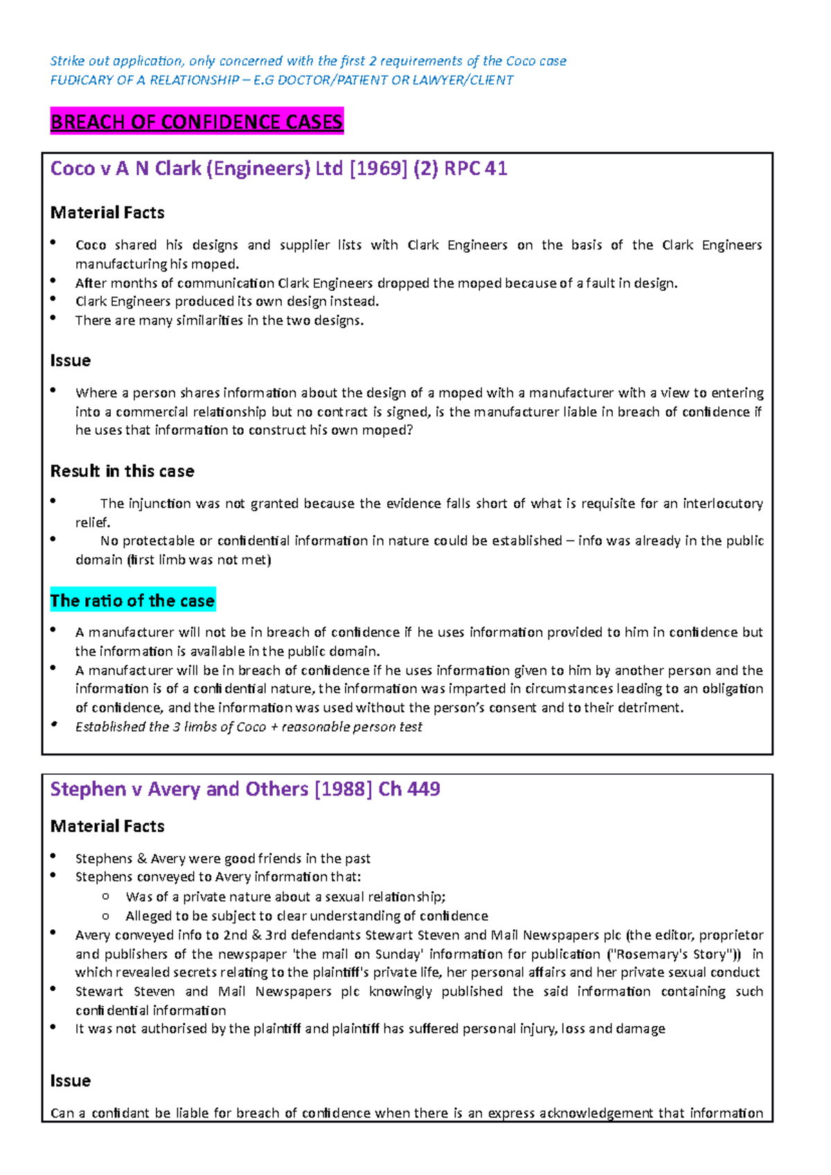 LAWS122 (2nd Half) All Case Briefs on Breach of Confidence and Privacy ...