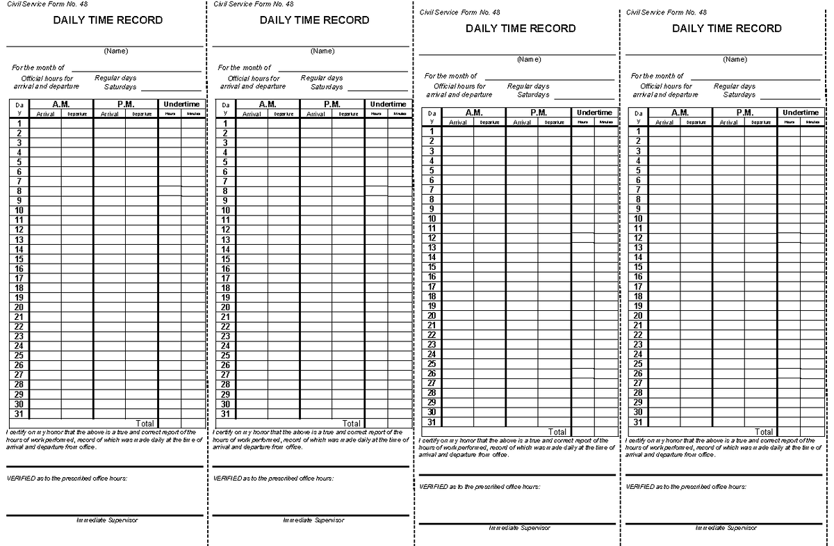 Dtr - Civil Service Form No. 48 DAILY TIME RECORD (Name) For the month ...