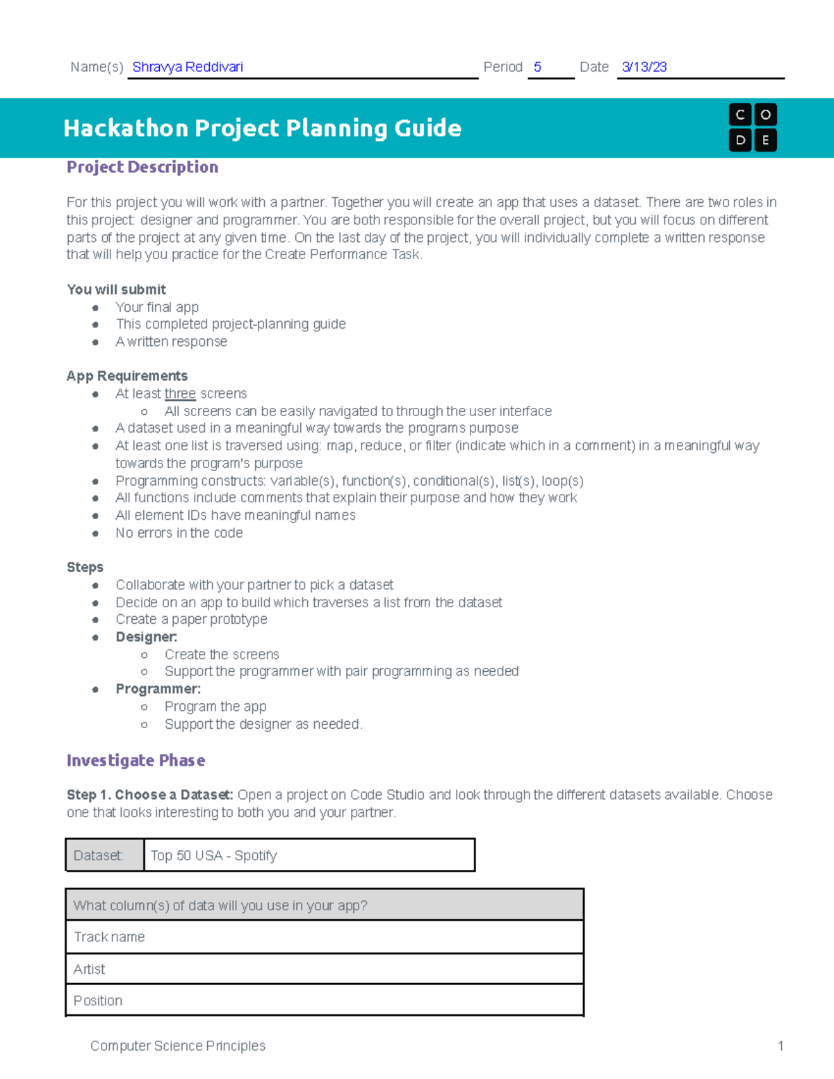 U05L13-17 Planning Guide - Hackathon Project - Name(s) Shravya ...