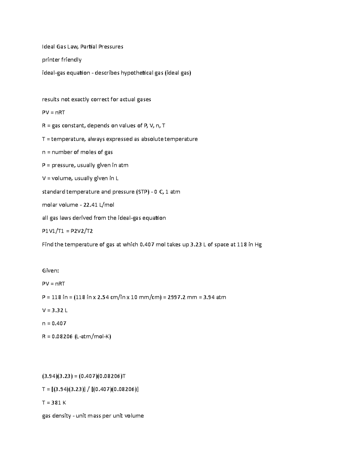Ideal Gas Law - Lecture notes 5 - Ideal Gas Law, Partial Pressures ...