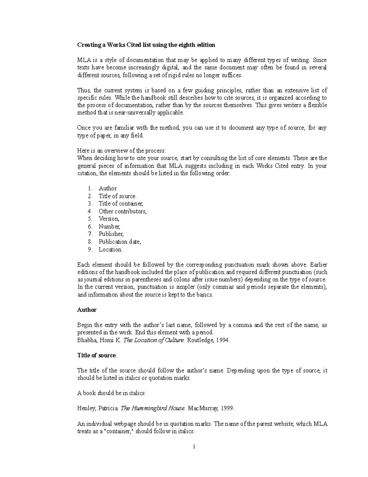 MLA Formatting - format - Creating a Works Cited list using the eighth ...