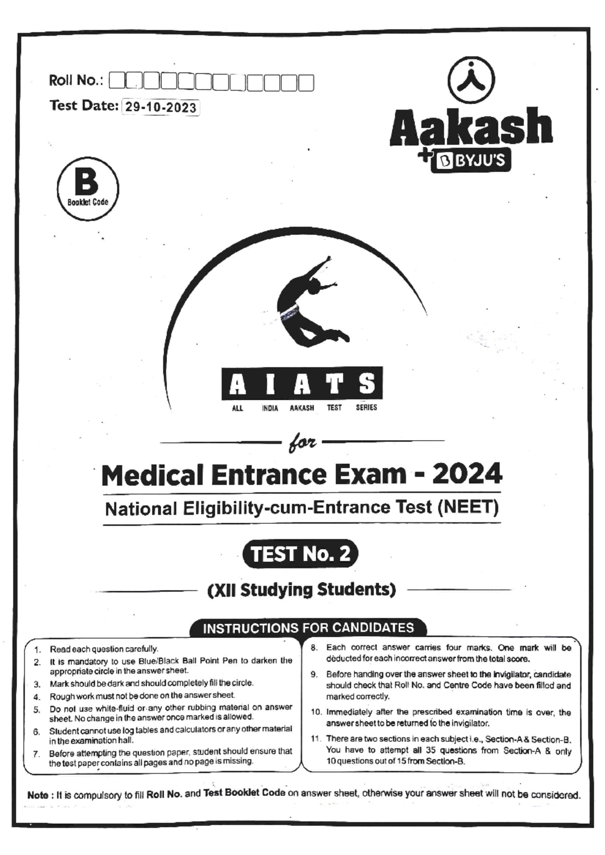 Aiats 02 QP - Neet practise test - Roll No.: Test Date: Aakash B B ...