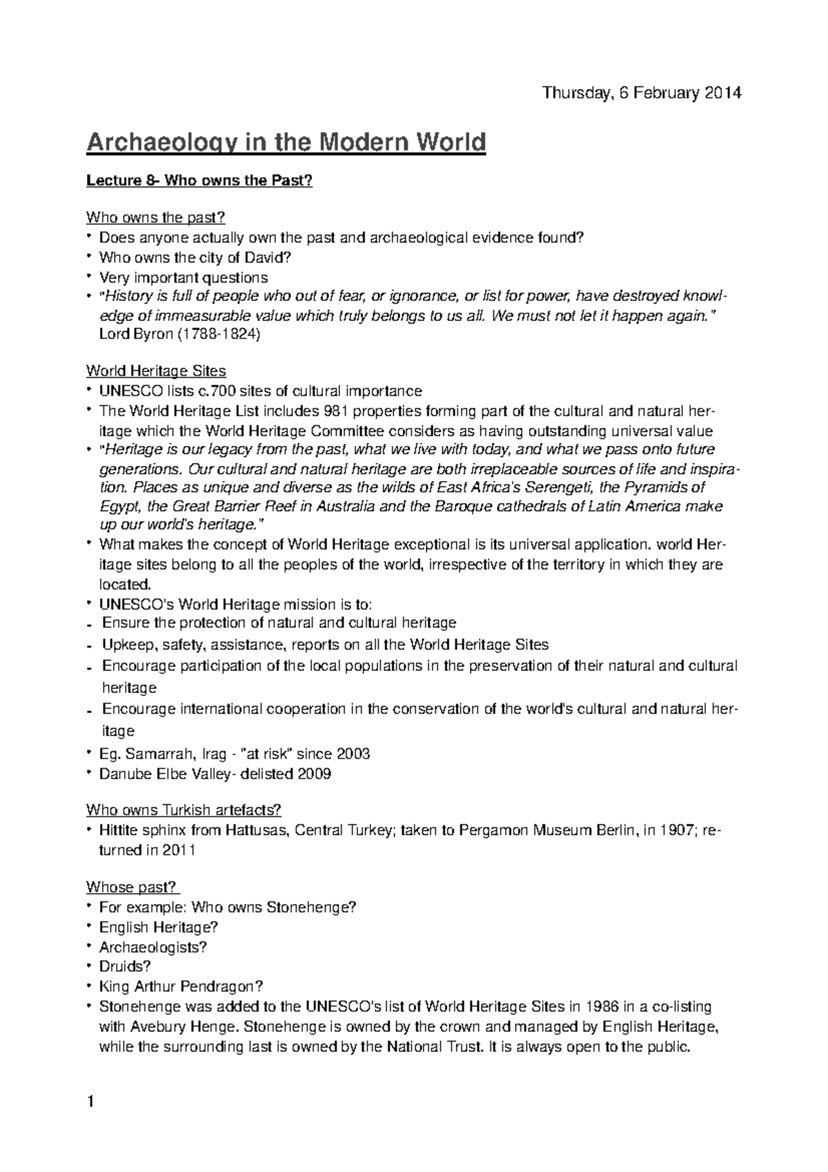 Archaeology Lecture 8 - Who owns the Past? - Thursday, 6 February 2014 ...