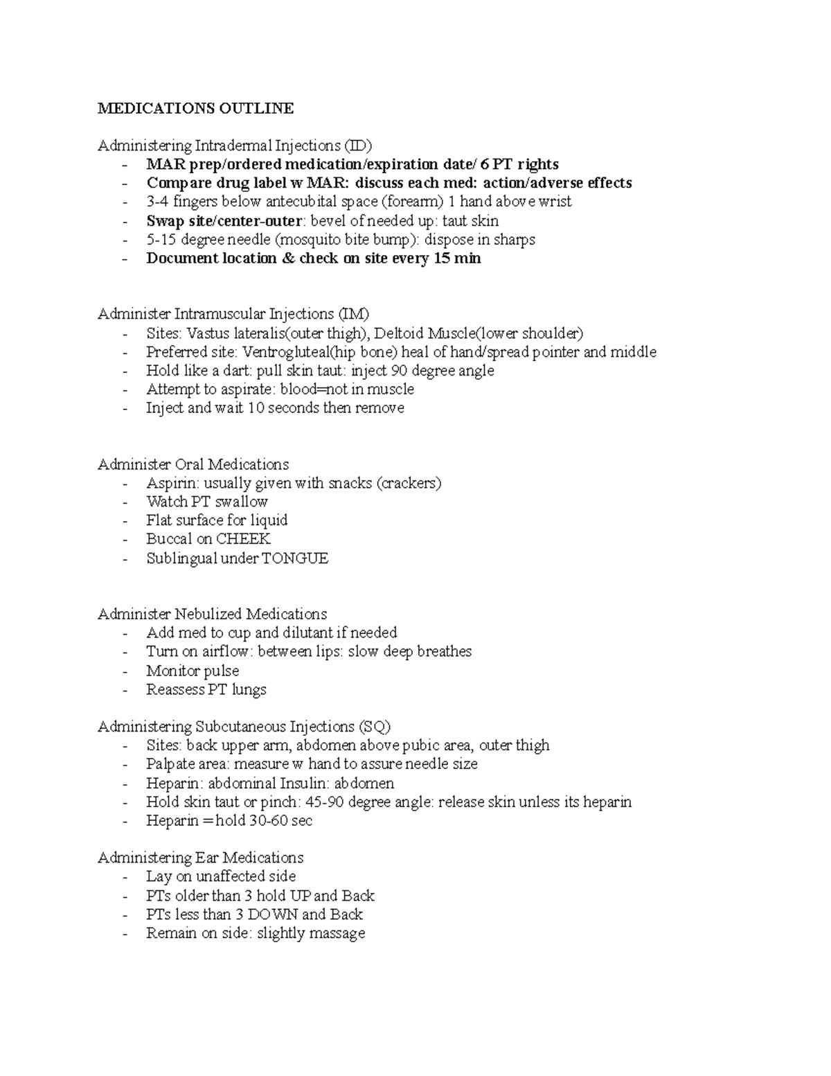 Medications Outline - MEDICATIONS OUTLINE Administering Intradermal ...