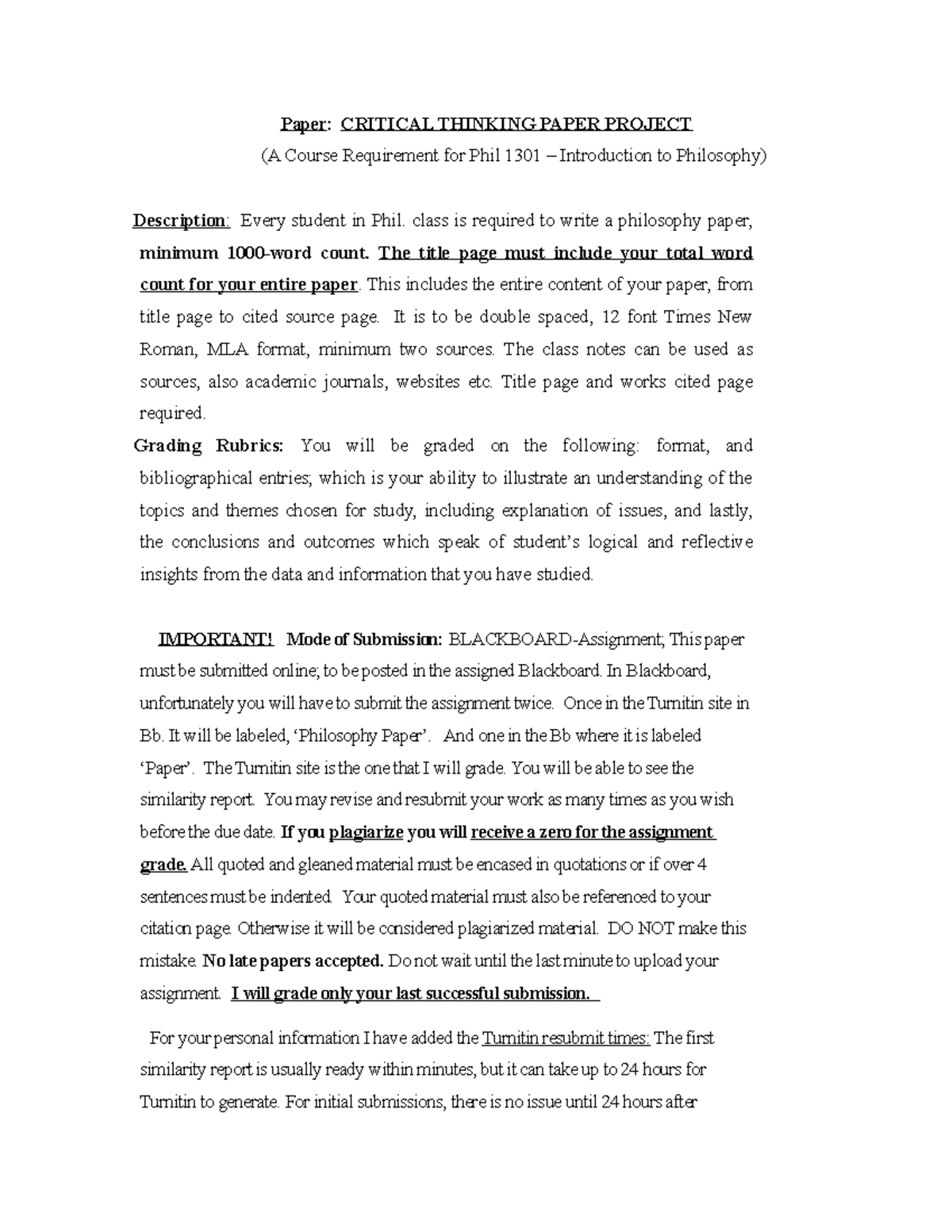 Paper Instructions 1301 SJCD - Paper: CRITICAL THINKING PAPER PROJECT ...