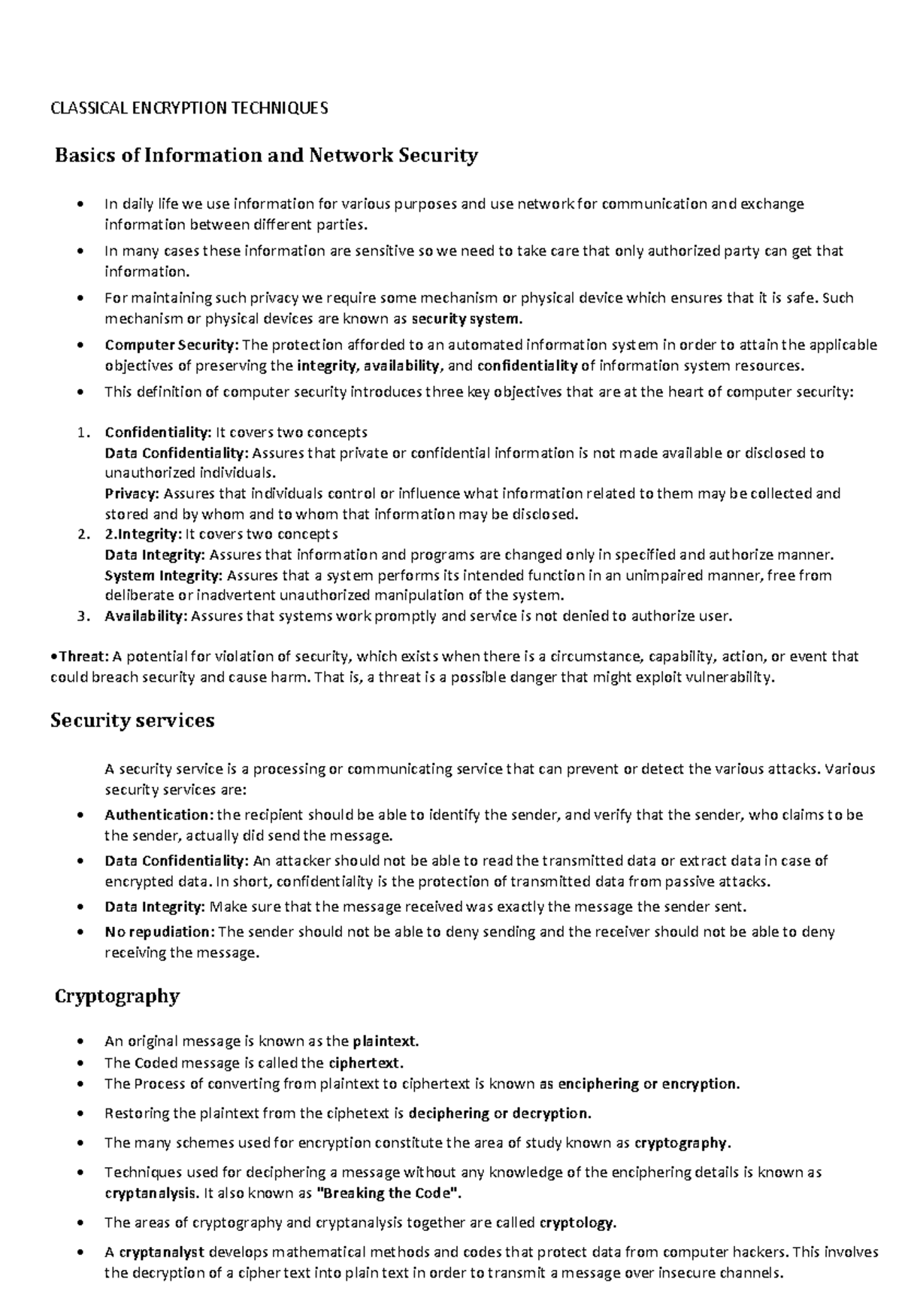 MCA First Unit - CLASSICAL ENCRYPTION TECHNIQUES Basics of Information and Network Security In ...