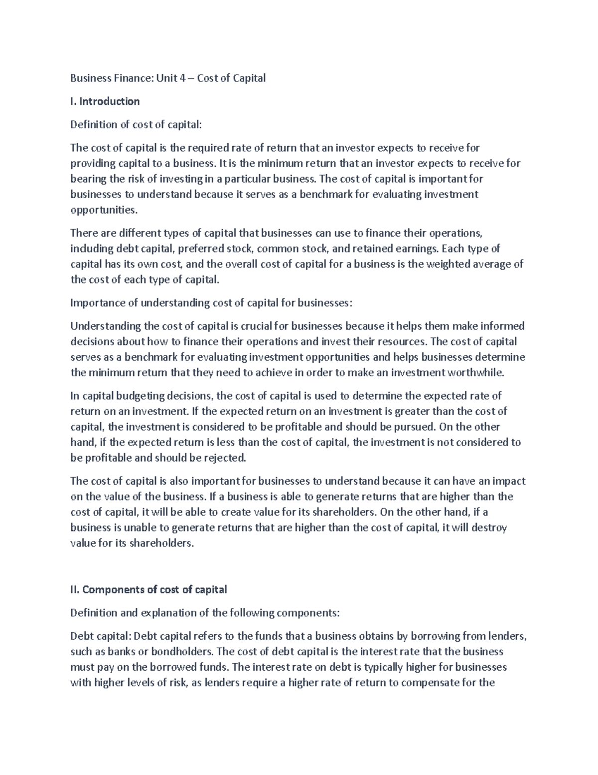 Business Finance Unit 4 – Cost of Capital - Business Finance: Unit 4 ...