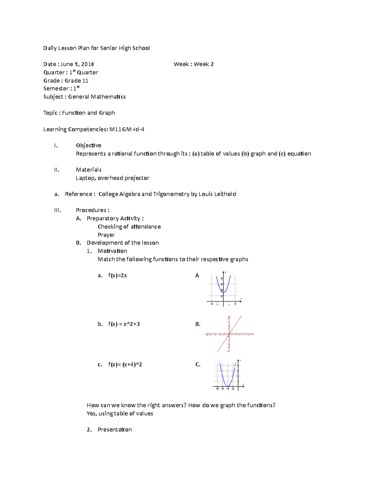 Daily Lesson Plan For Senior High School MATH Daily Lesson Plan For