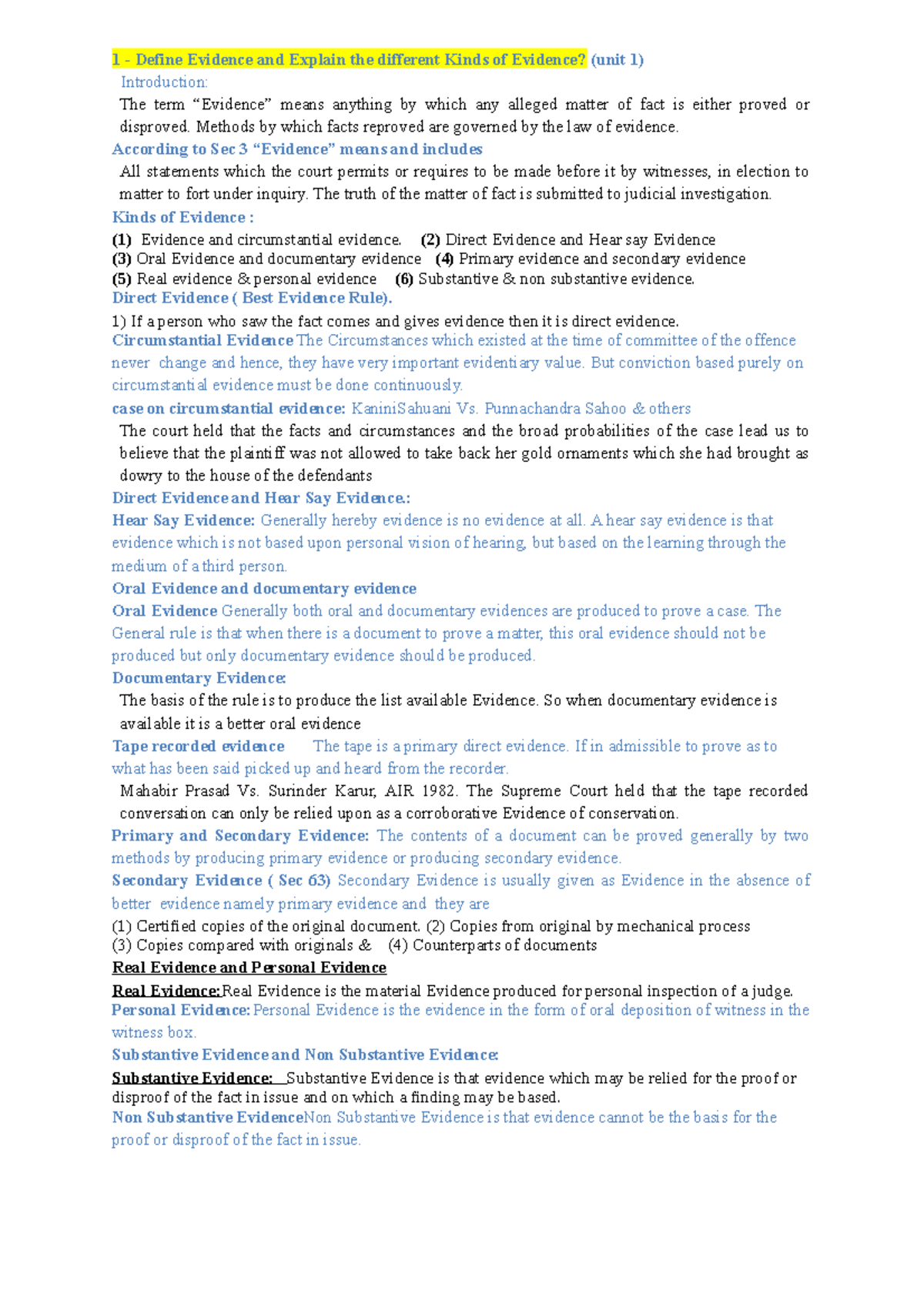 Evidence final - 1 - Define Evidence and Explain the different Kinds of ...