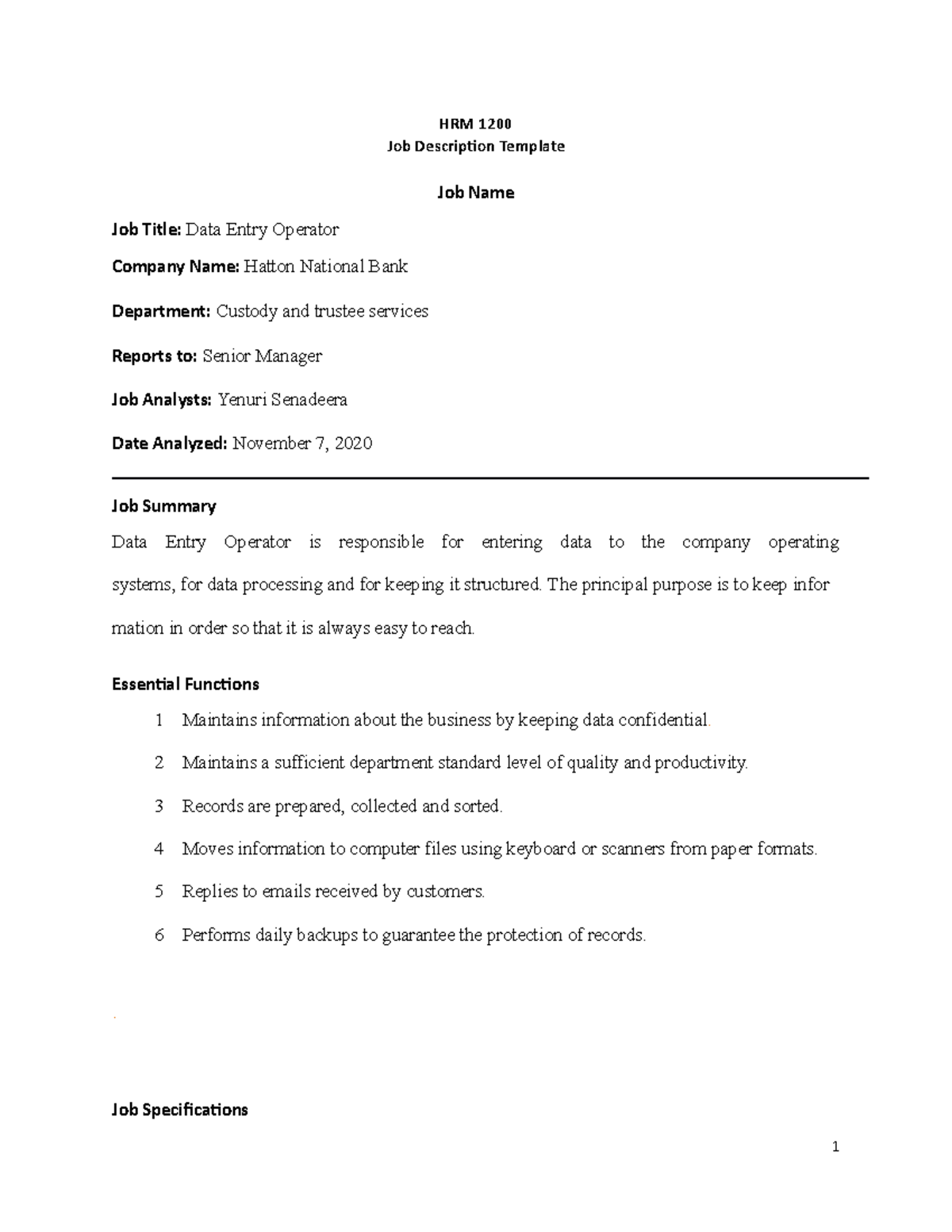 HRM 1200 - Job Description Template 2020 - HRM 1200 Job Descripion ...