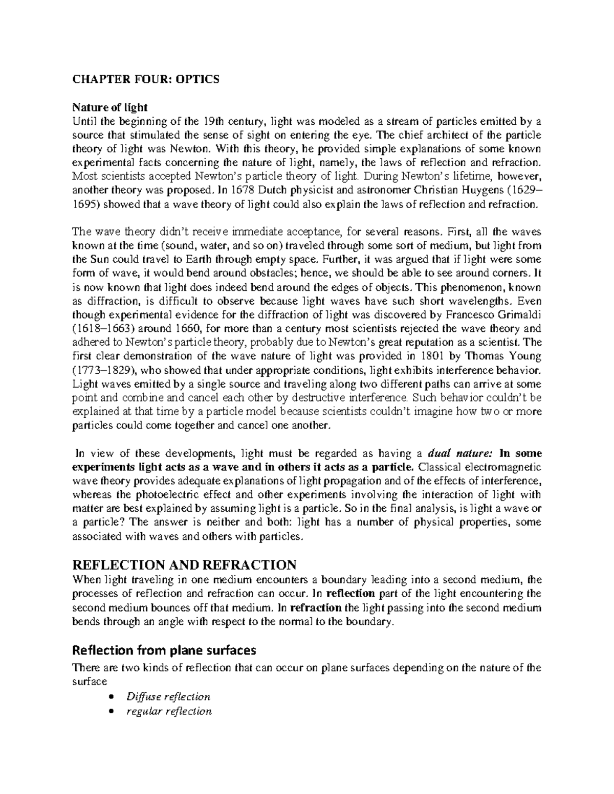 Optics - summary notes - CHAPTER FOUR: OPTICS Nature of light Until the ...