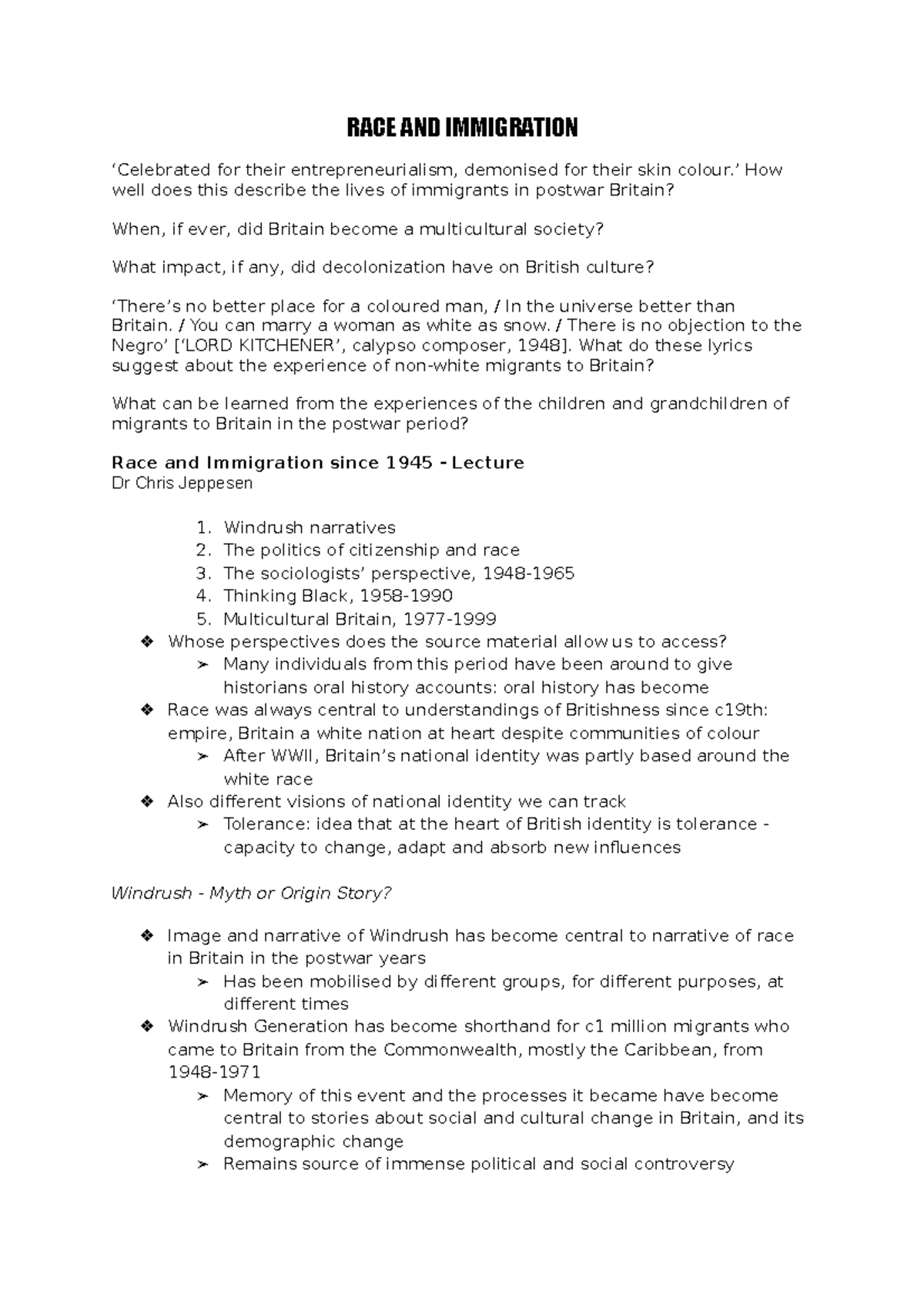 RACE AND Immigration - Revision notes including primary sources ...