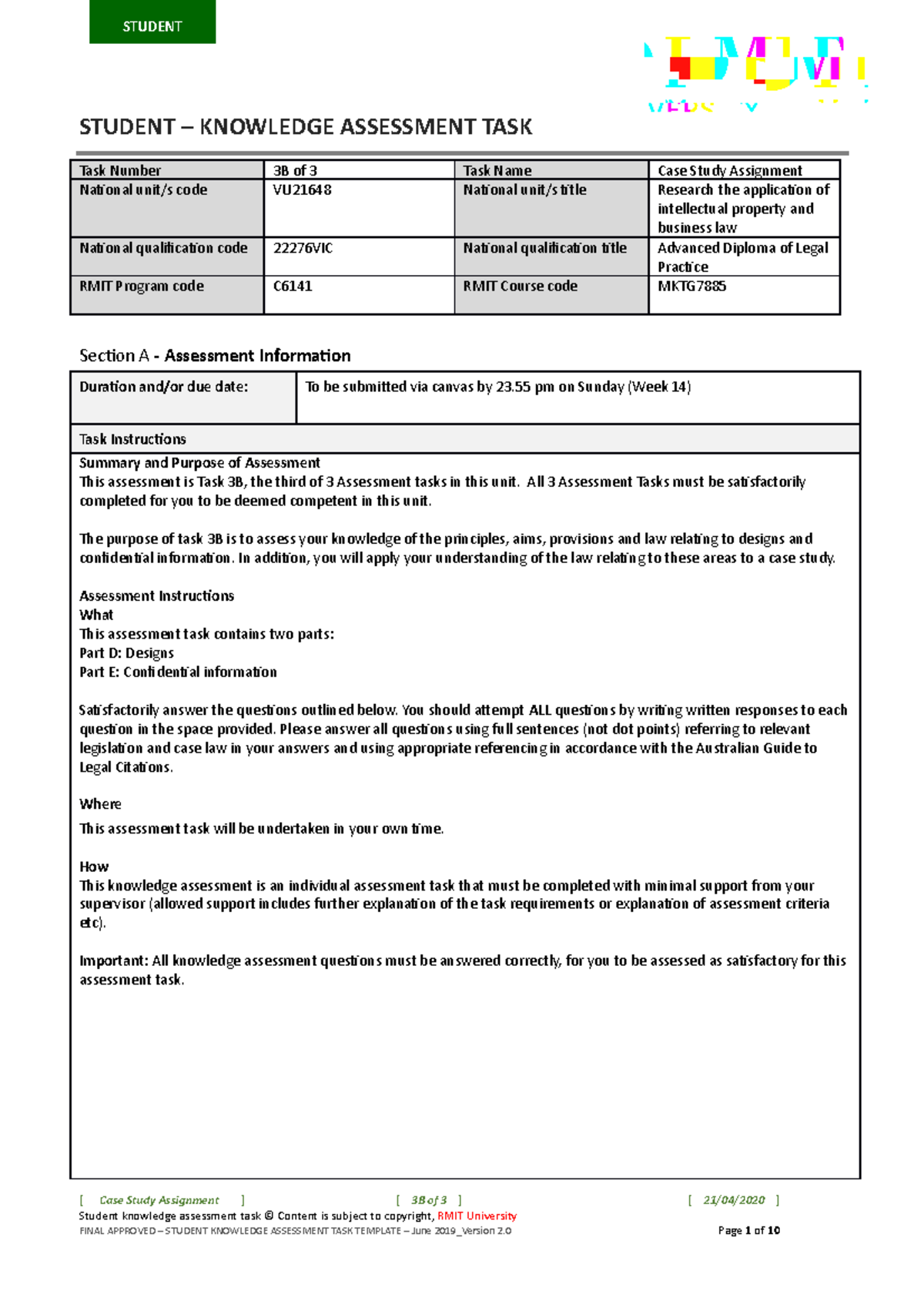 Case Study Assignment VU21648 Task3B Student 2001 27 - STUDENT – KNOWLEDGE ASSESSMENT TASK Task ...