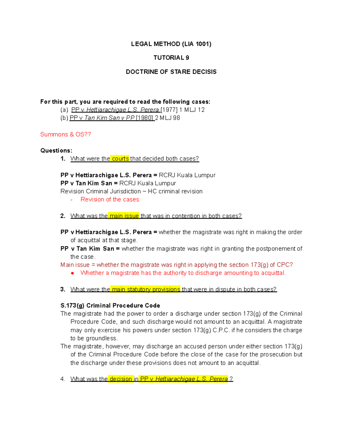 LM TUTO W13 - LM TUTO W13 - LEGAL METHOD (LIA 1001) TUTORIAL 9 DOCTRINE OF STARE DECISIS For ...