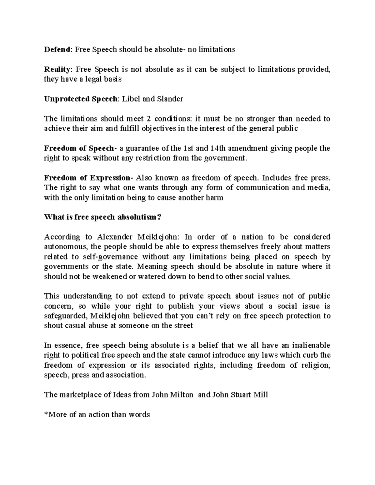 Free Speech Debate - Defend: Free Speech should be absolute- no ...