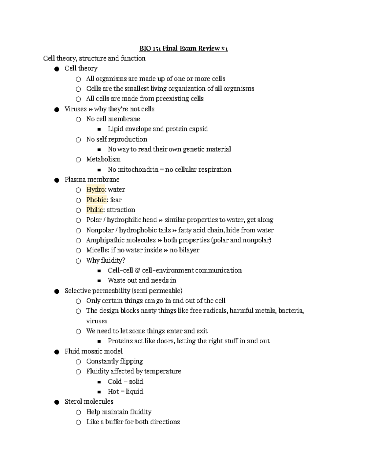 BIO151 Final Review - BIO 151 Final Exam Review # Cell theory ...