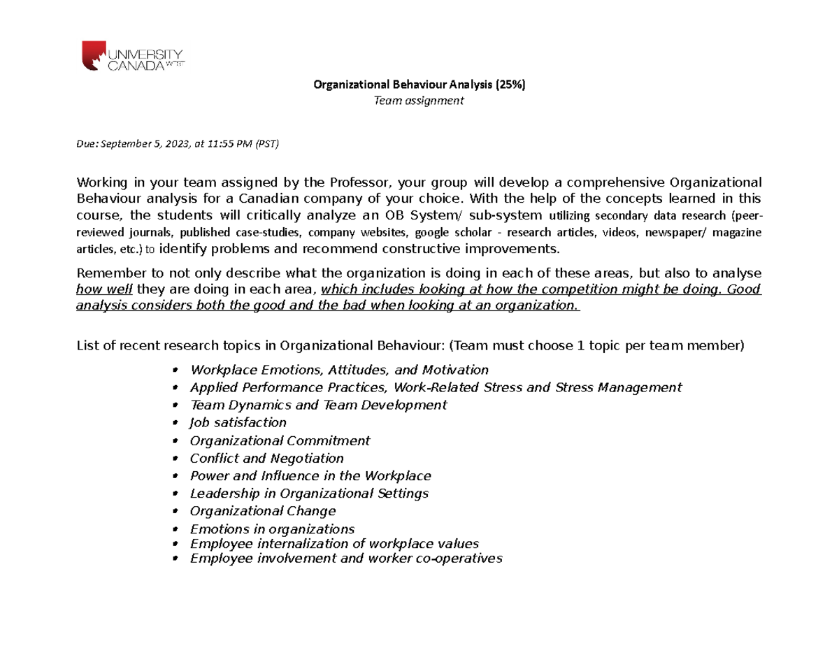 3a Team Assignment - OB Analysis - Organizational Behaviour Analysis ...