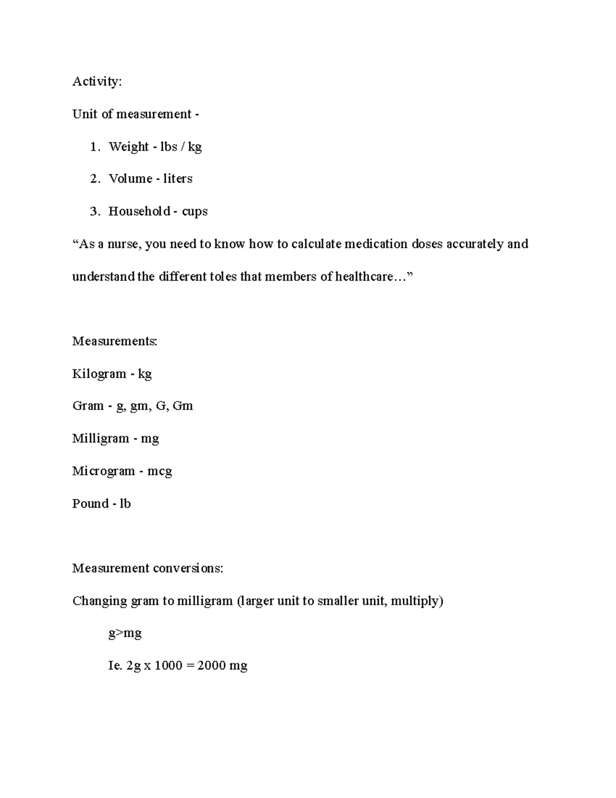 Class 5 9 15 Lecture Notes 41 43 Activity Unit Of Measurement 1