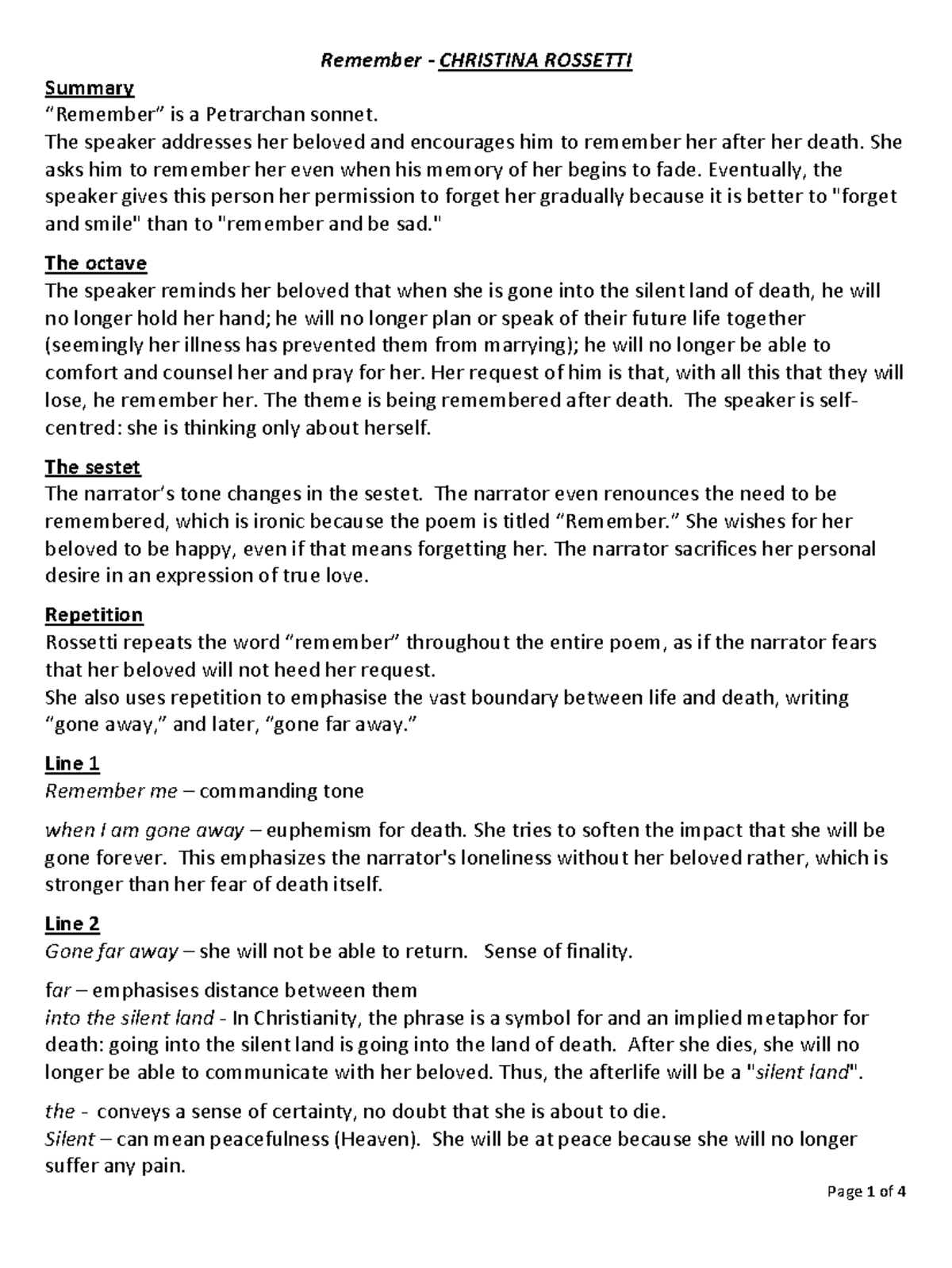 Remember BY Christina Rossetti - Remember - CHRISTINA ROSSETTI Summary ...