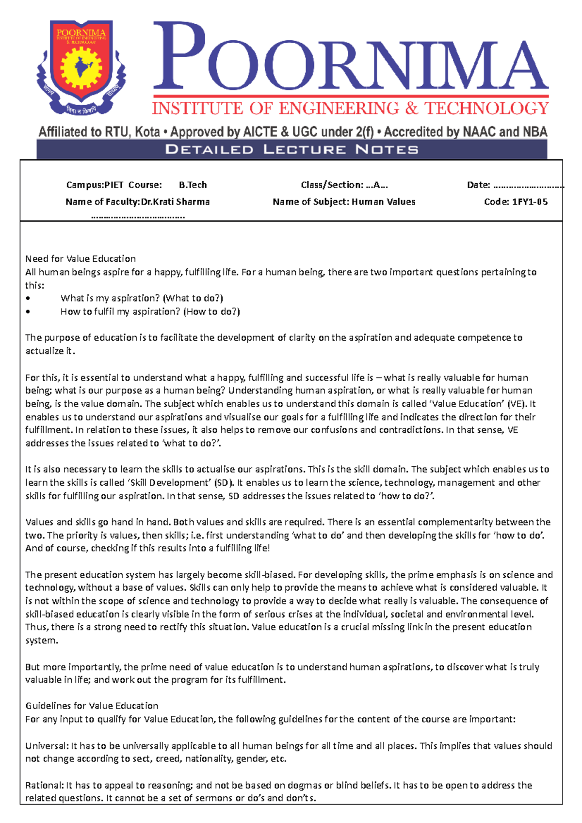Unit 1 Lecture notes 1 - Unit ! - Campus:PIET Course: B Class/Section ...