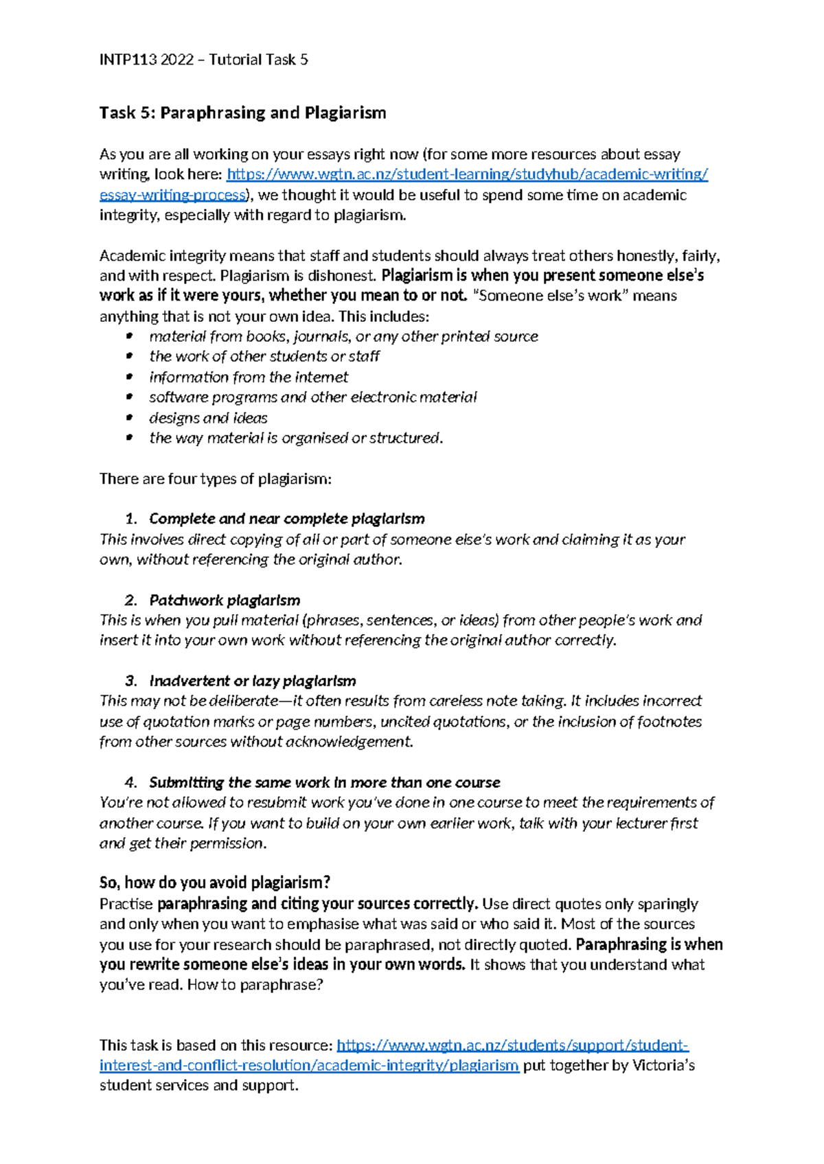 Task 5 Worksheet - INTP113 2022 – Tutorial Task 5 Task 5: Paraphrasing ...
