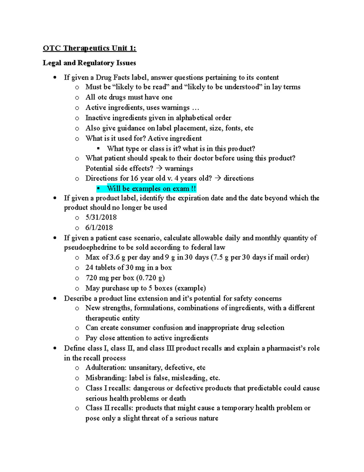 Therapeutics I Exam 1 - OTC Therapeutics Unit 1: Legal and Regulatory ...