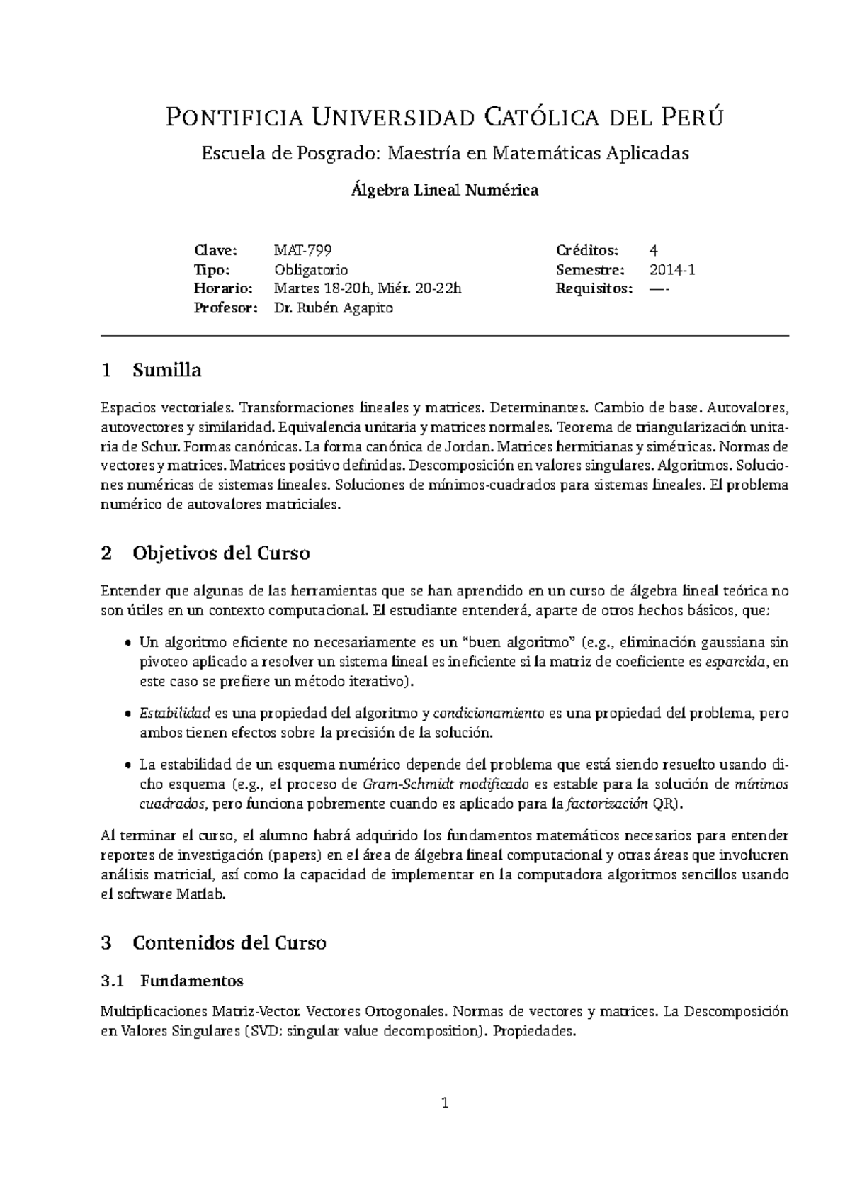 MAT799 Algebra Lineal Numérica - PONTIFICIA UNIVERSIDAD CATÓLICA DEL ...