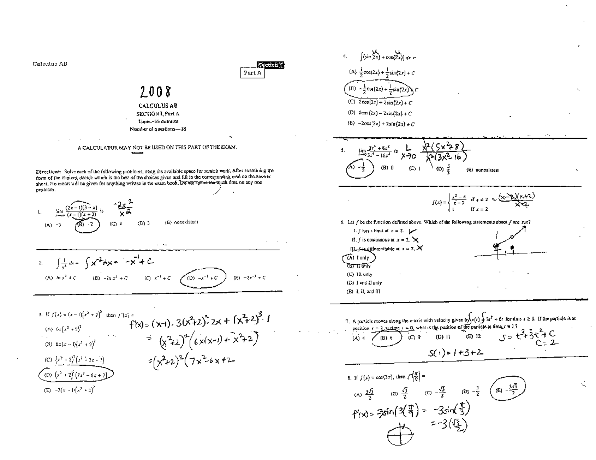 MC 2008 solutions - Calculus - Studocu