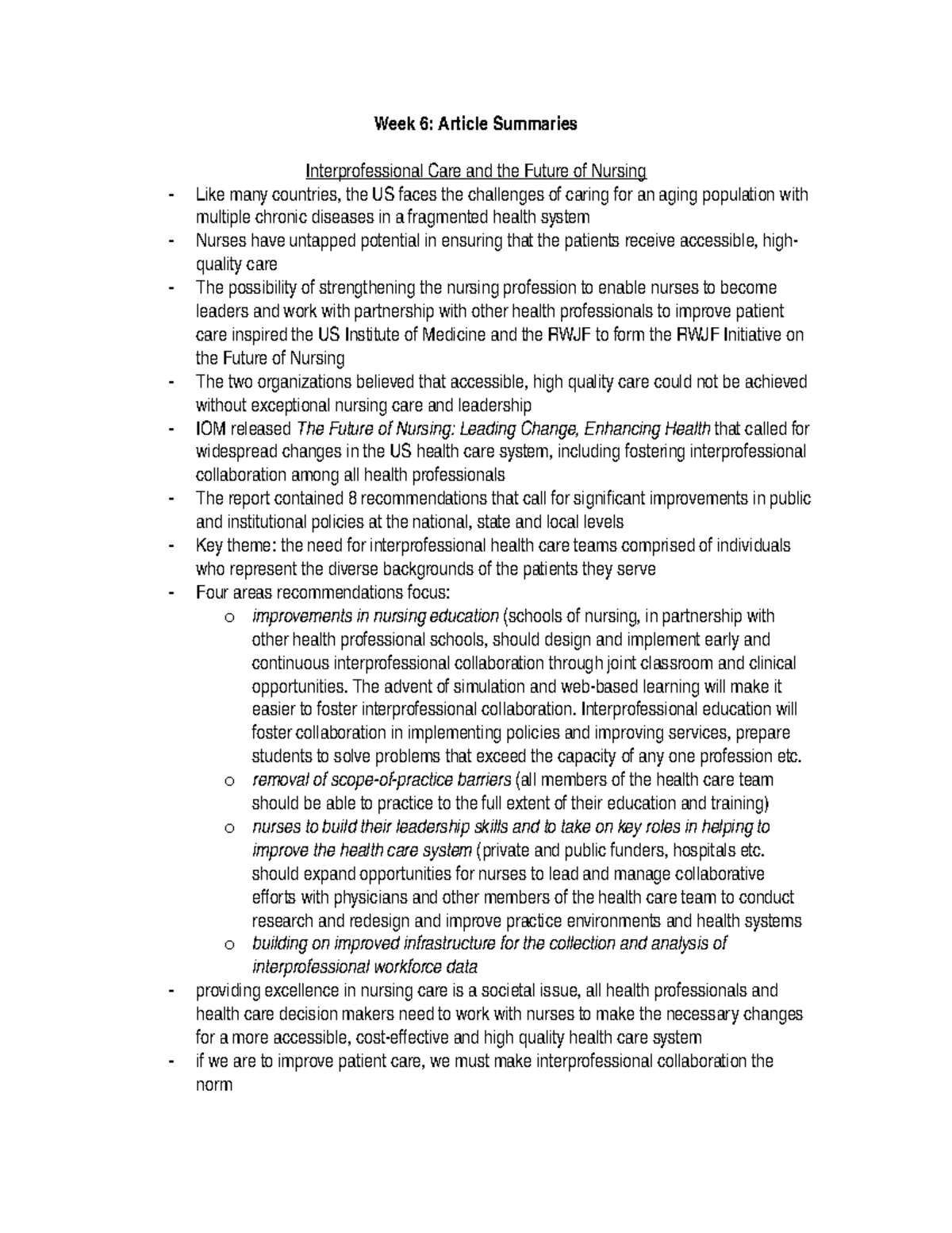 Nursing 201 - Article Summaries (6 - On) - Week 6: Article Summaries ...