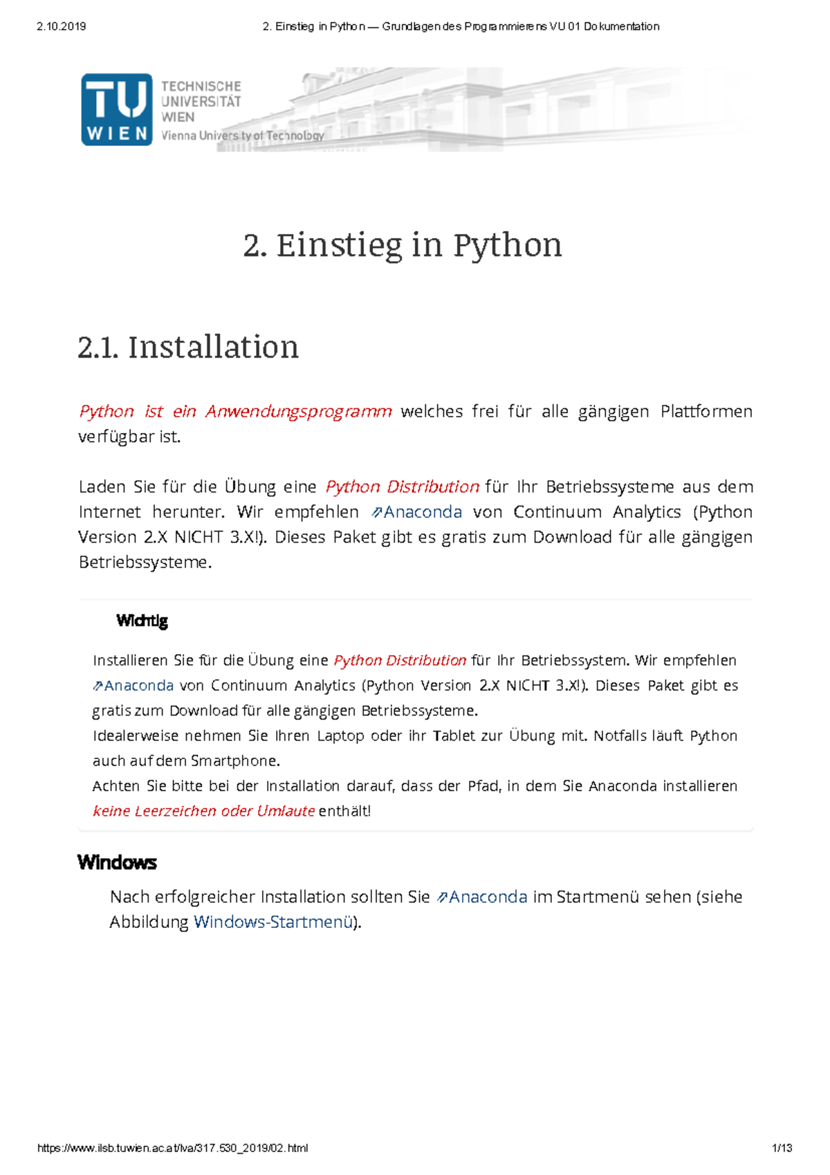 (09.10.2019 ) 2. Einstieg in Python — Grundlagen des Programmierens VU ...