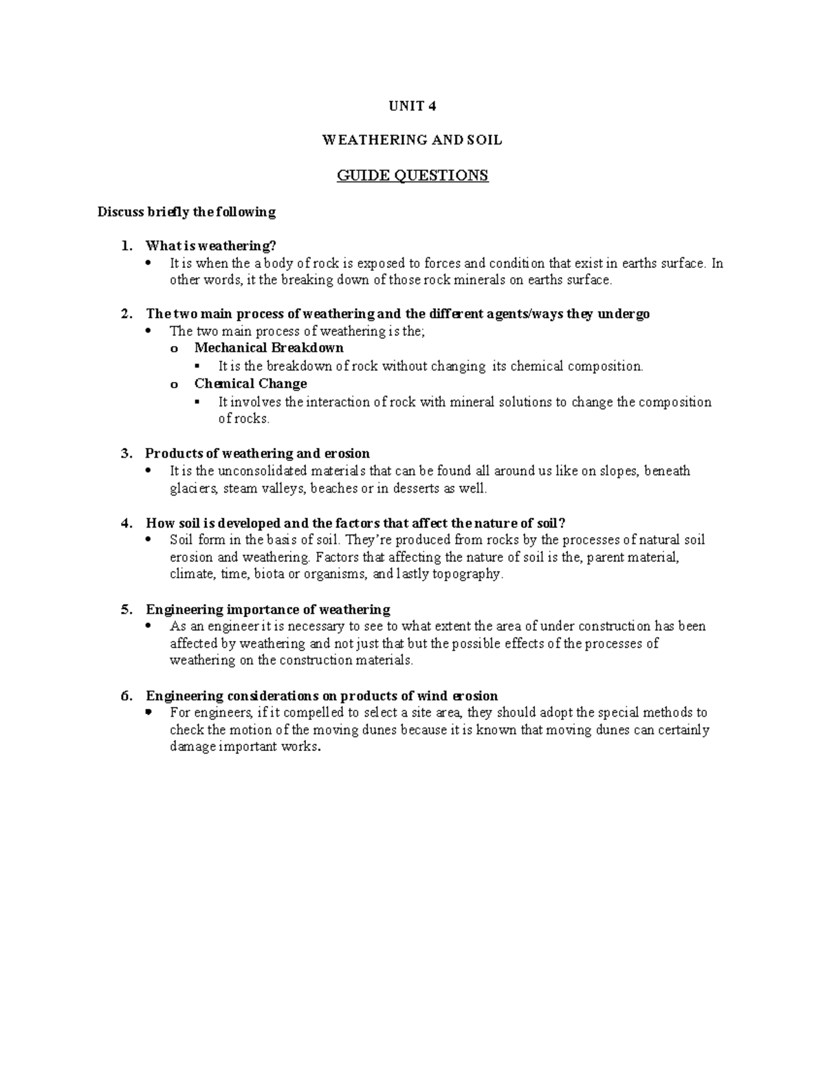 GEO 122 - Enjoy - UNIT 4 WEATHERING AND SOIL GUIDE QUESTIONS Discuss ...