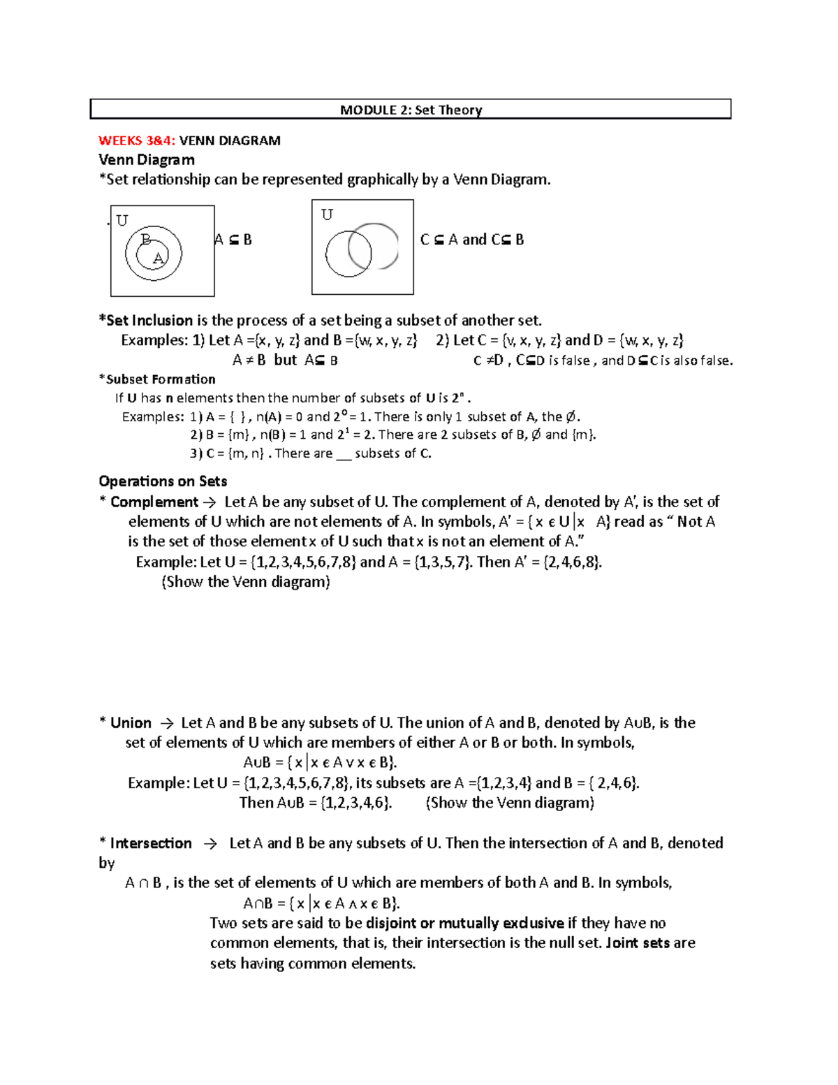 Module 2 Set Theory - MODULE 2: Set Theory WEEKS 3&4: VENN DIAGRAM Venn ...