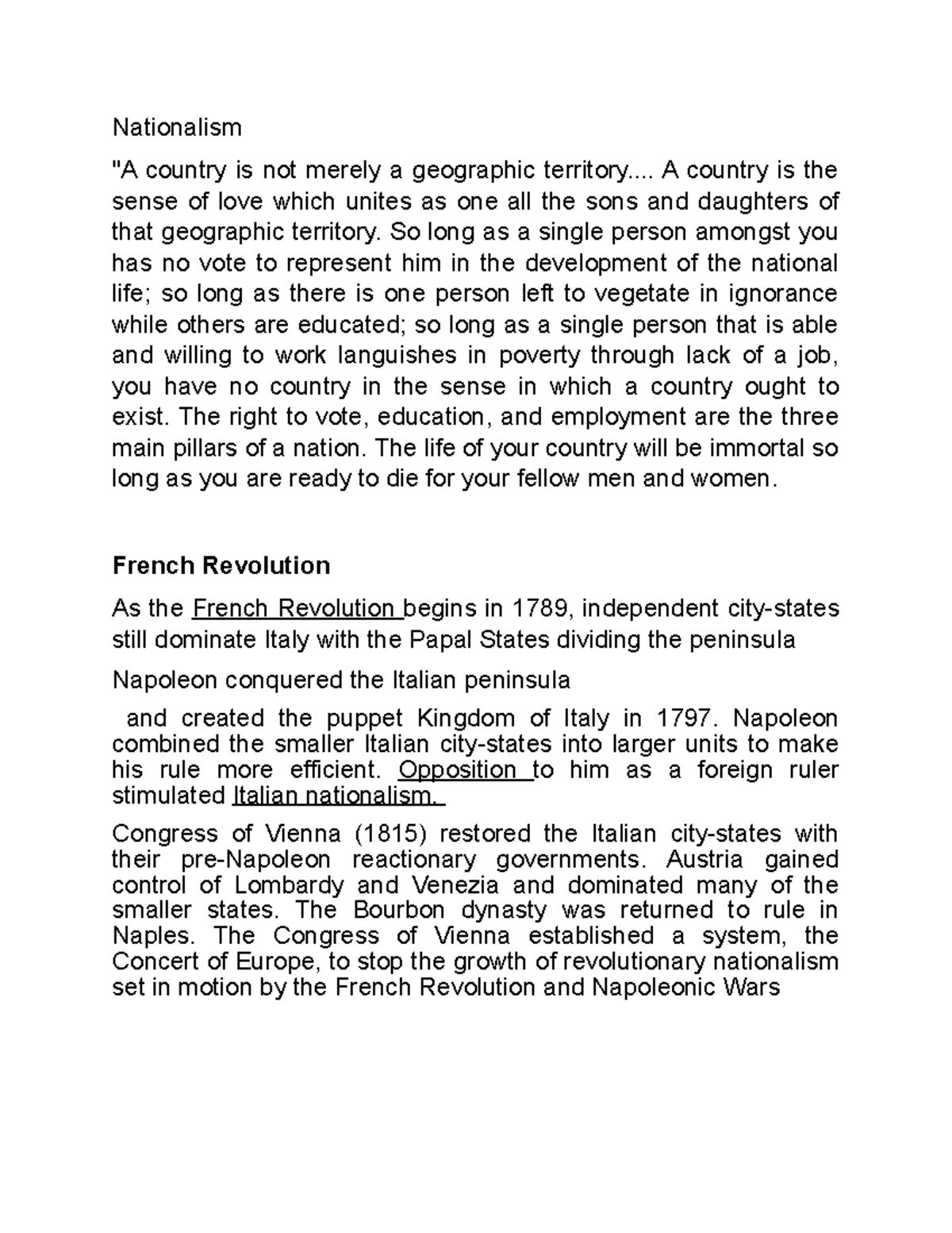 Causes of unification of italy - Nationalism "A country is not merely a ...
