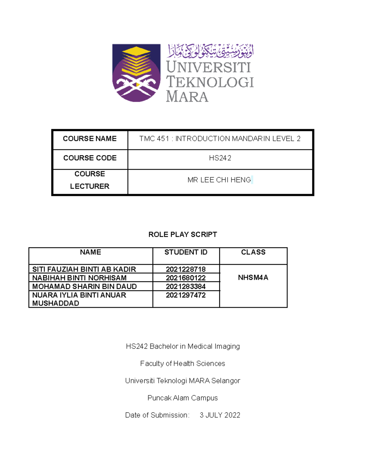 Role play Script TMC451 done - COURSE NAME TMC 451 : INTRODUCTION ...