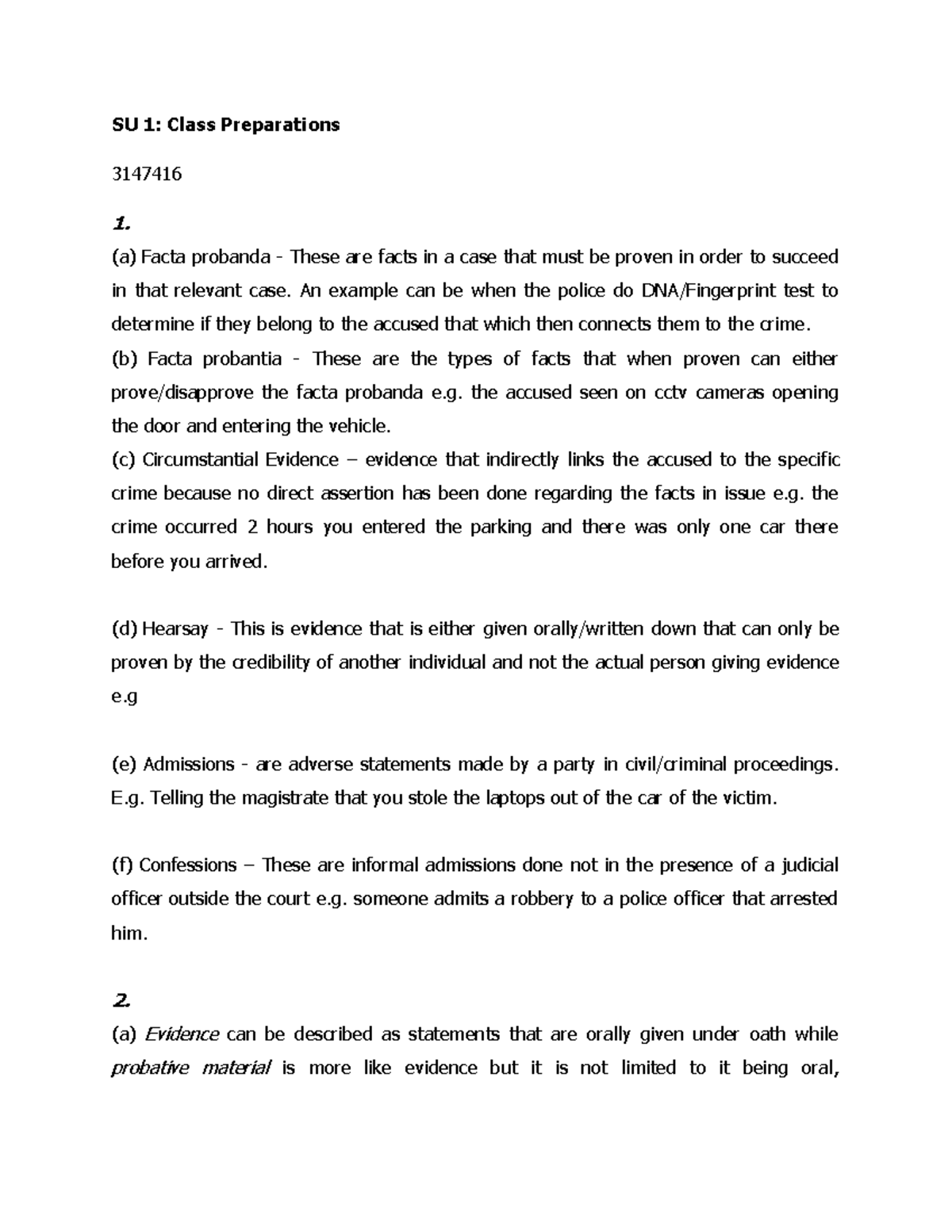 SU 1 Class Preparations - SU 1: Class Preparations 3147416 1. (a) Facta ...
