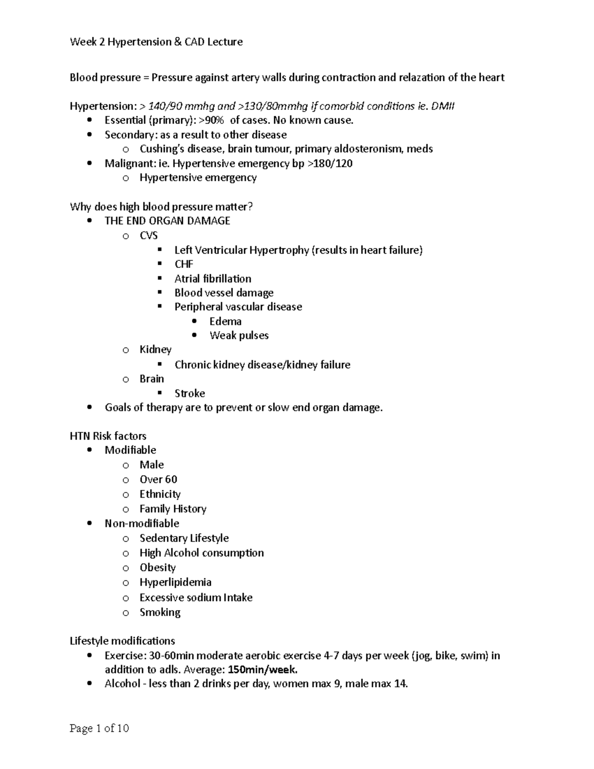 Week 2 Hypertension CAD Lecture - Blood pressure = Pressure against ...