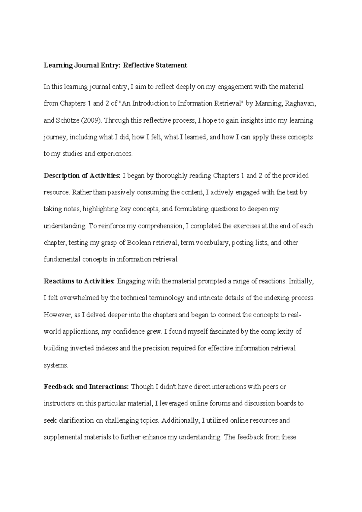 Learning Journal Entry - Through this reflective process, I hope to ...