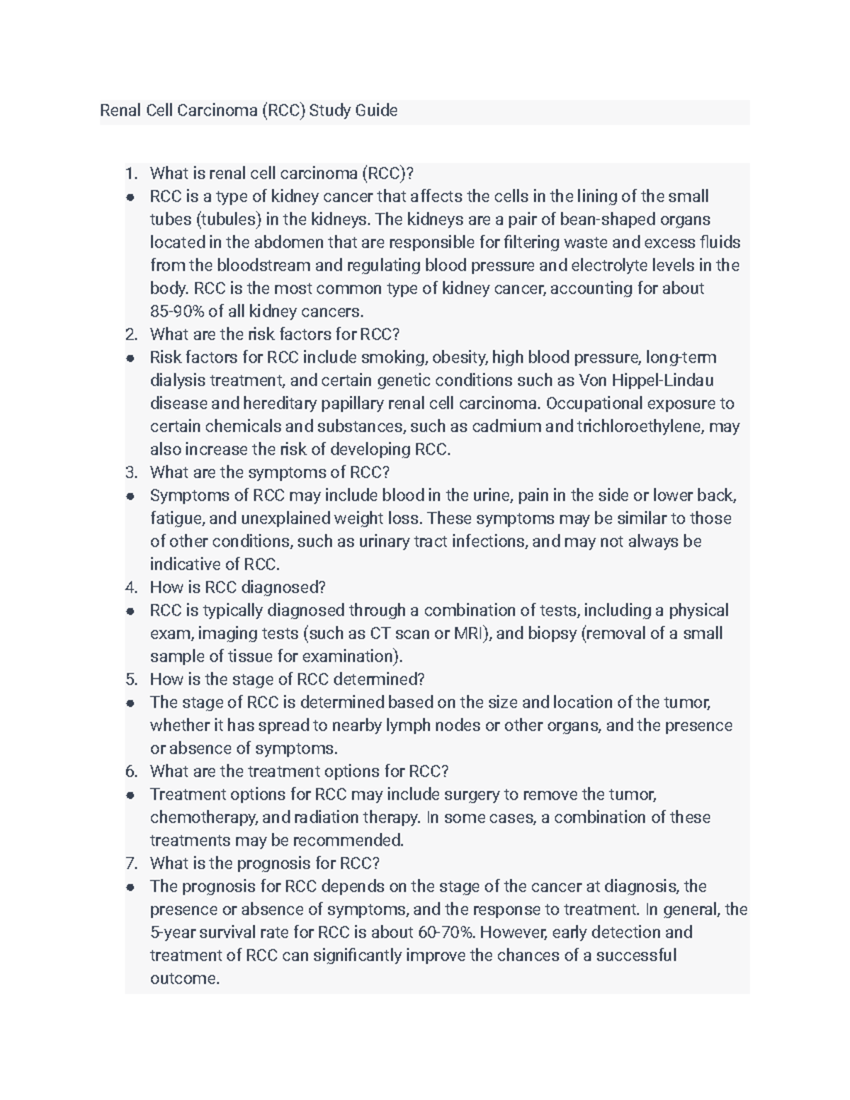 RCC study guide 2023 - Renal Cell Carcinoma (RCC) Study Guide What is ...